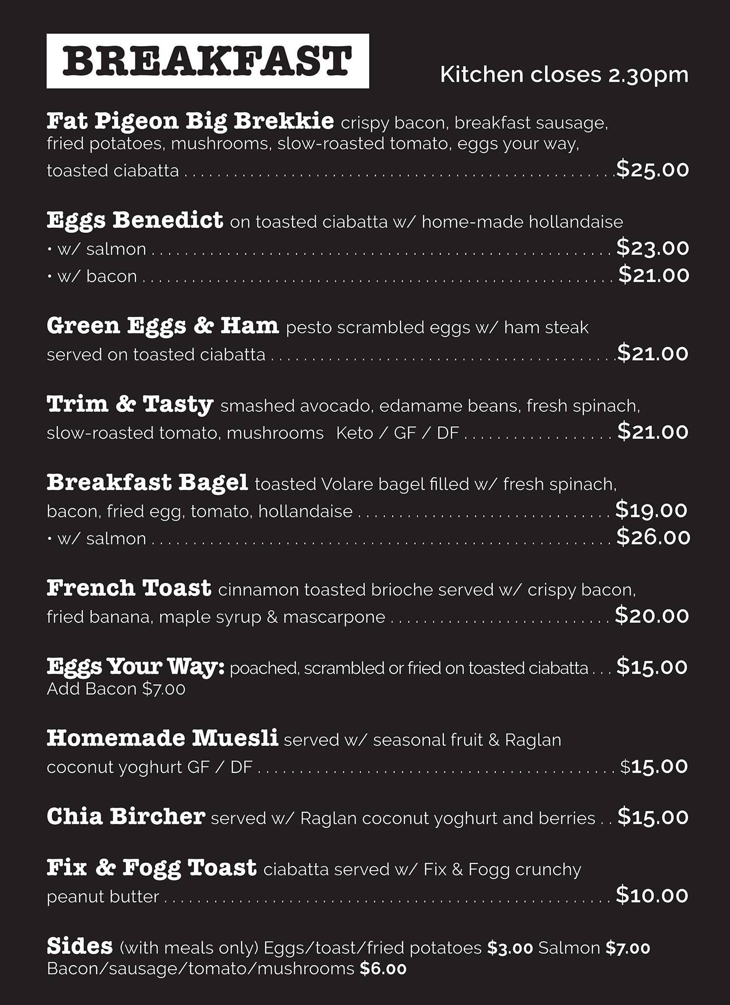 Menu at Fat Pigeon Cafe, Piopio
