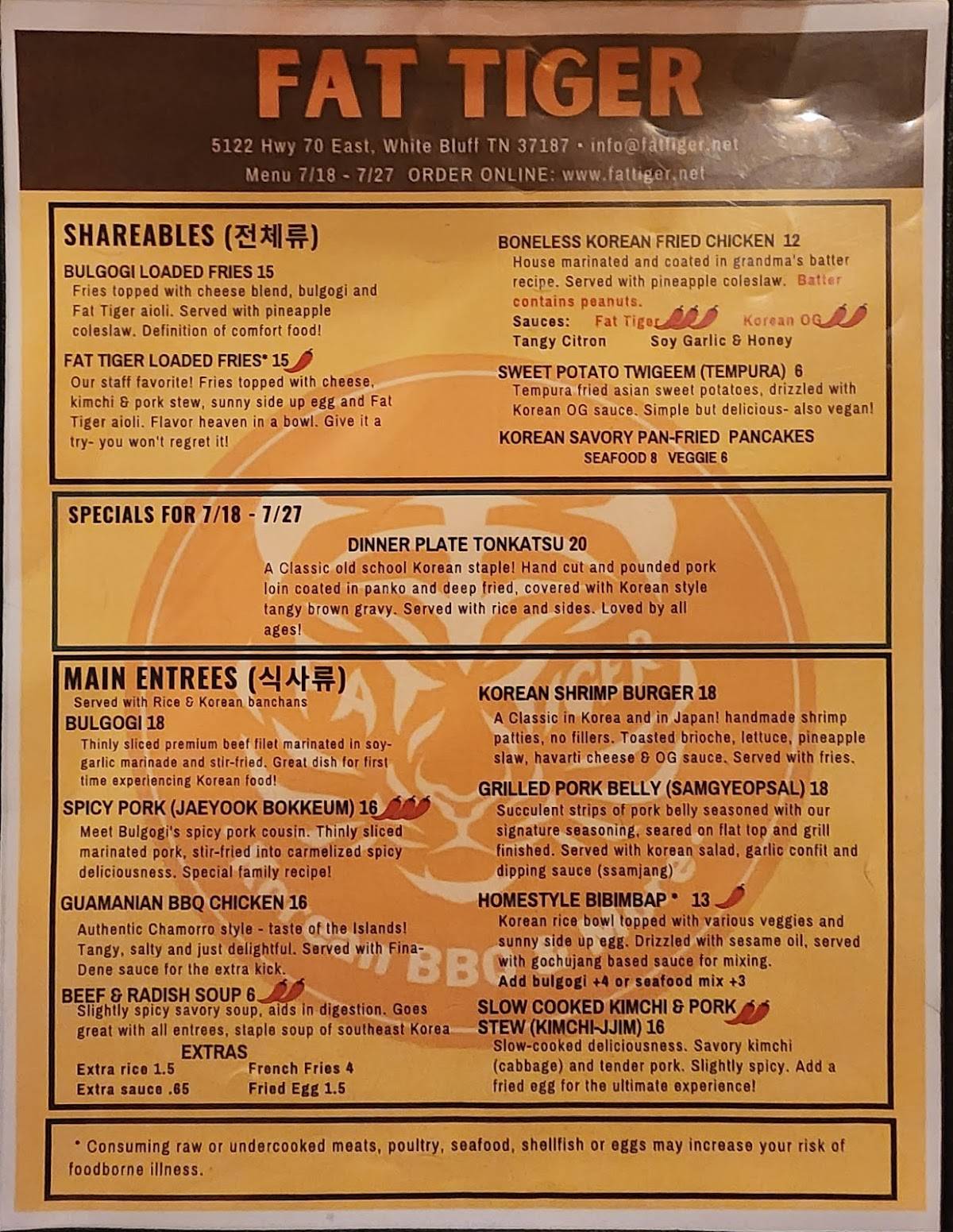 Menu at Fat Tiger KBBQ & More, White Bluff