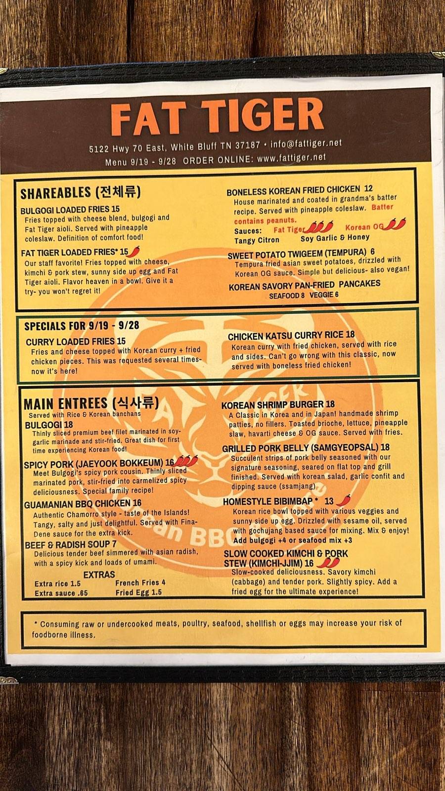 Menu at Fat Tiger KBBQ & More, White Bluff