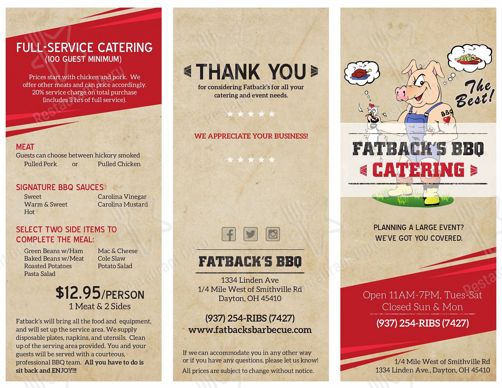Menu at Fatback's Barbecue, Dayton