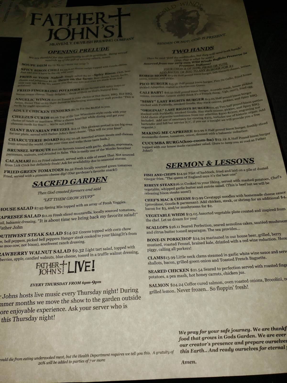 Menu at Father John's Restaurant & Microbrewery, Bryan