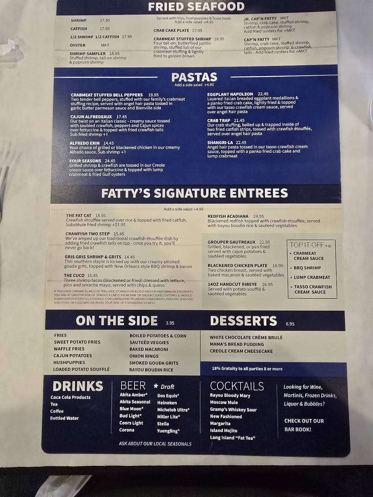 Menu at Fatty's Seafood Restaurant, Picayune