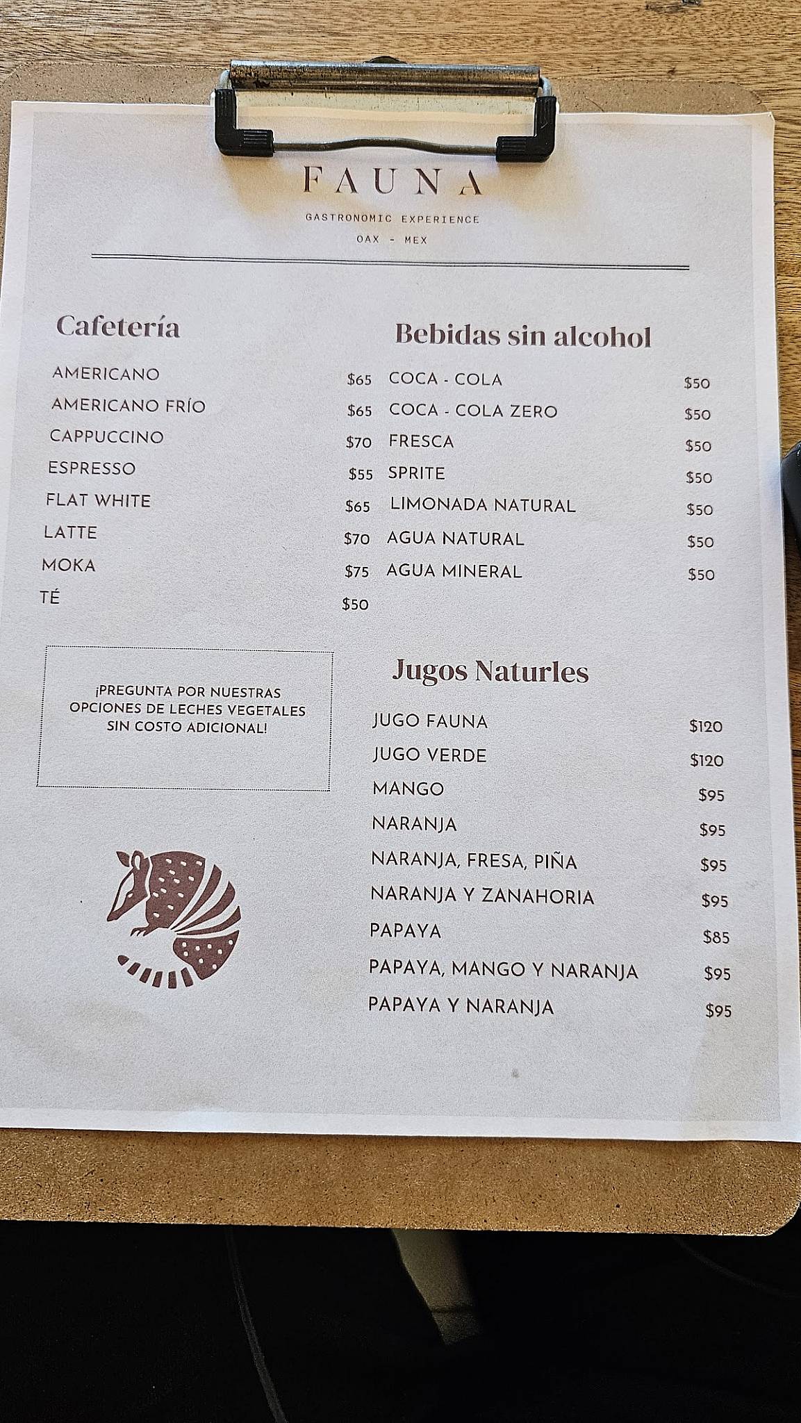Menu at Fauna Café & Bar, Puerto Escondido