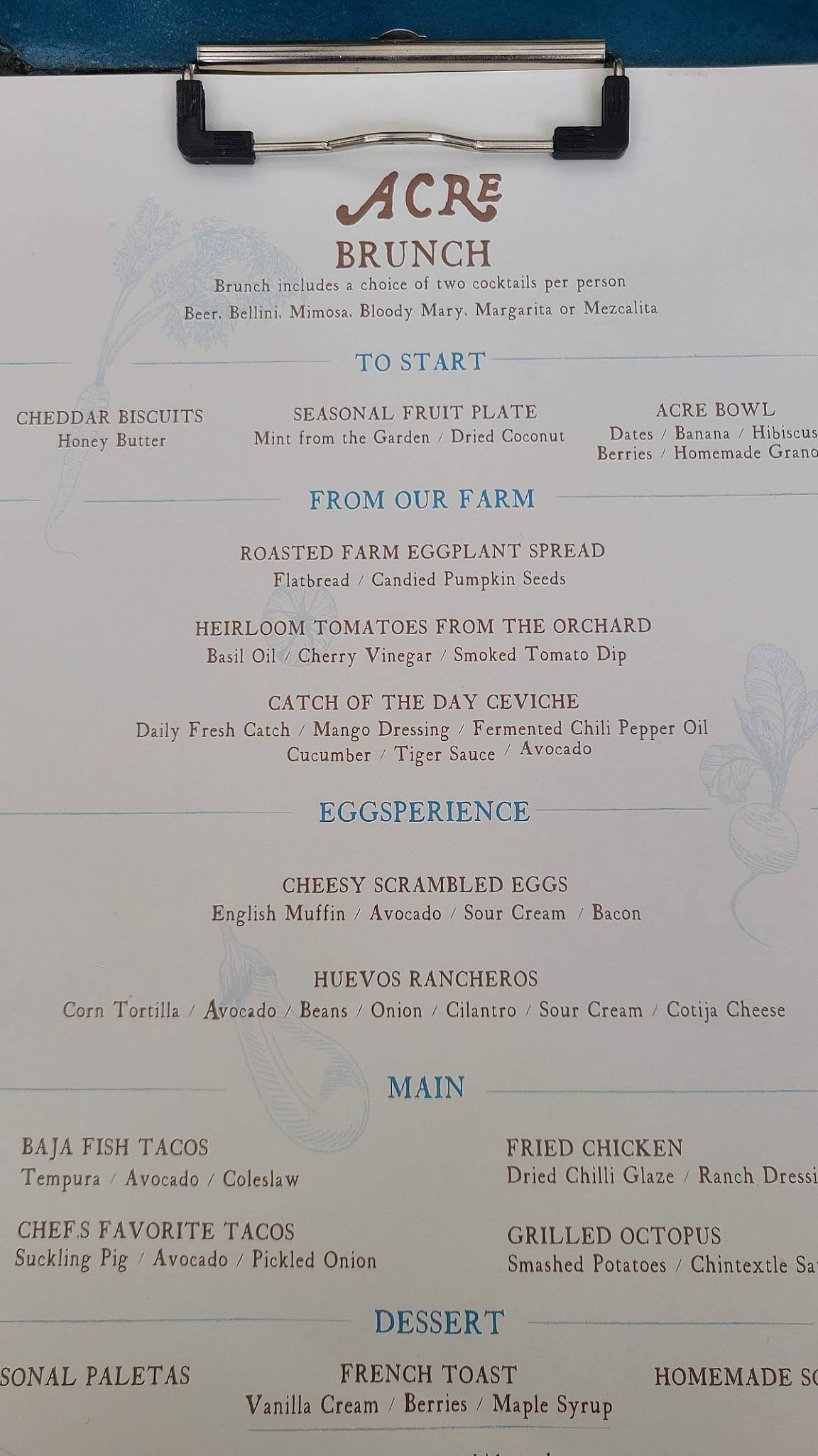 Menu at Fausto’s Coffee Shop at Acre pub & bar, San José del Cabo