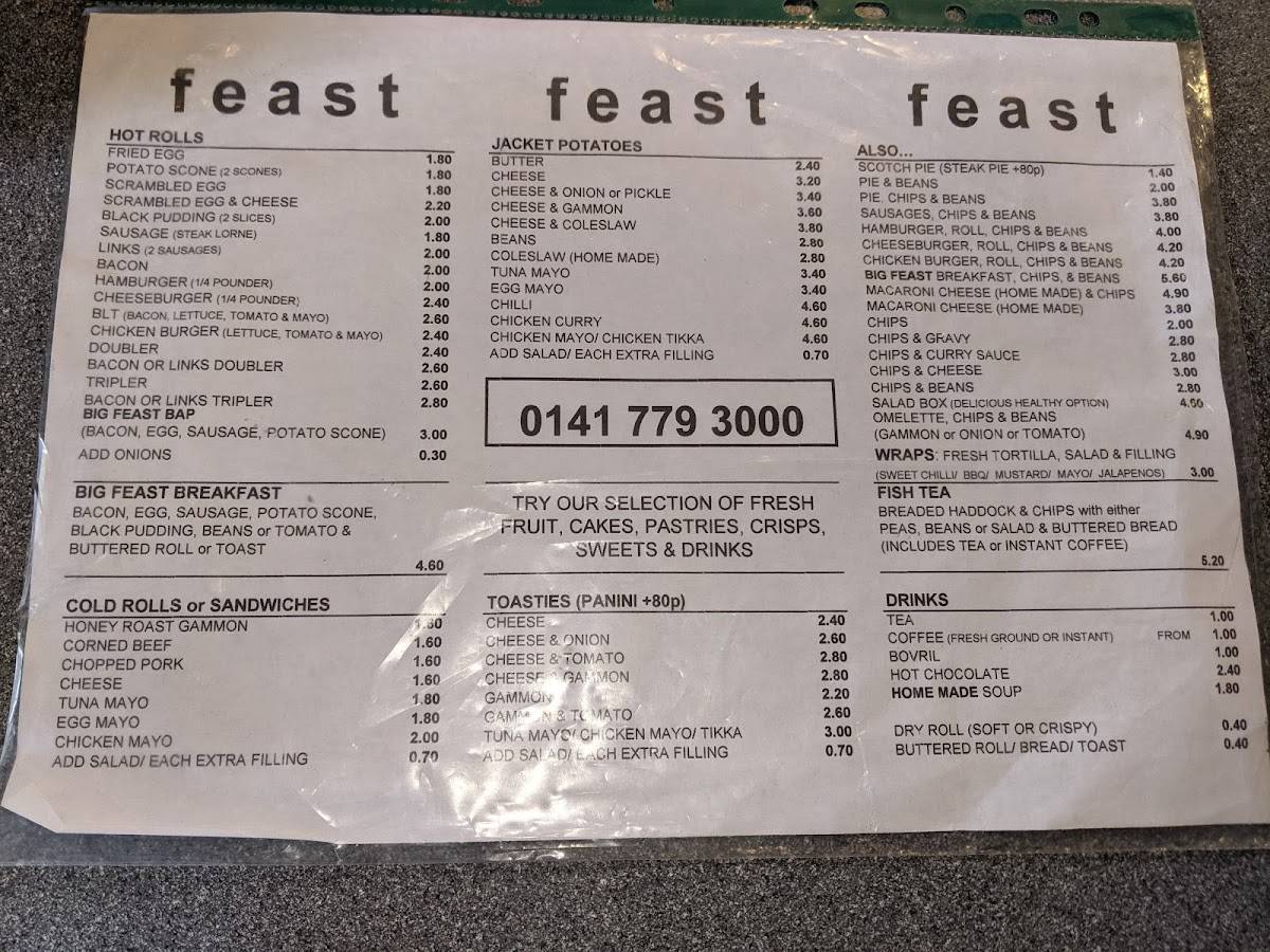 Menu at Feast restaurant, Glasgow, 201 Cumbernauld Rd