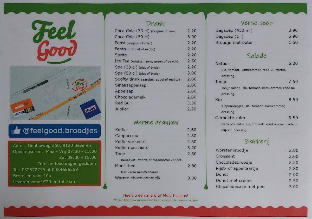 Menu at Feel Good, Beveren