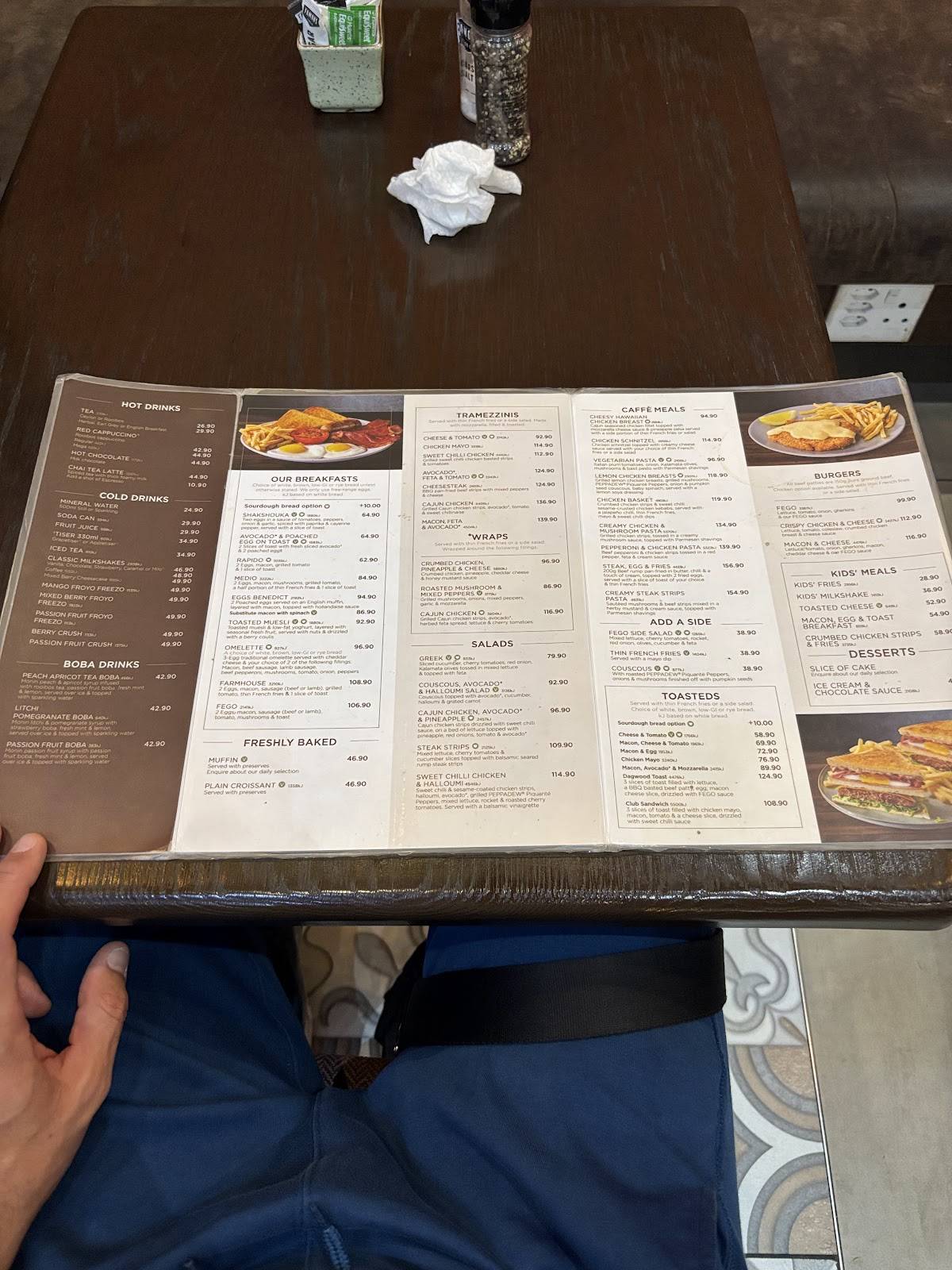 Menu at Fego Caffe restaurant, Blackburn, King Shaka Internatinal Airport