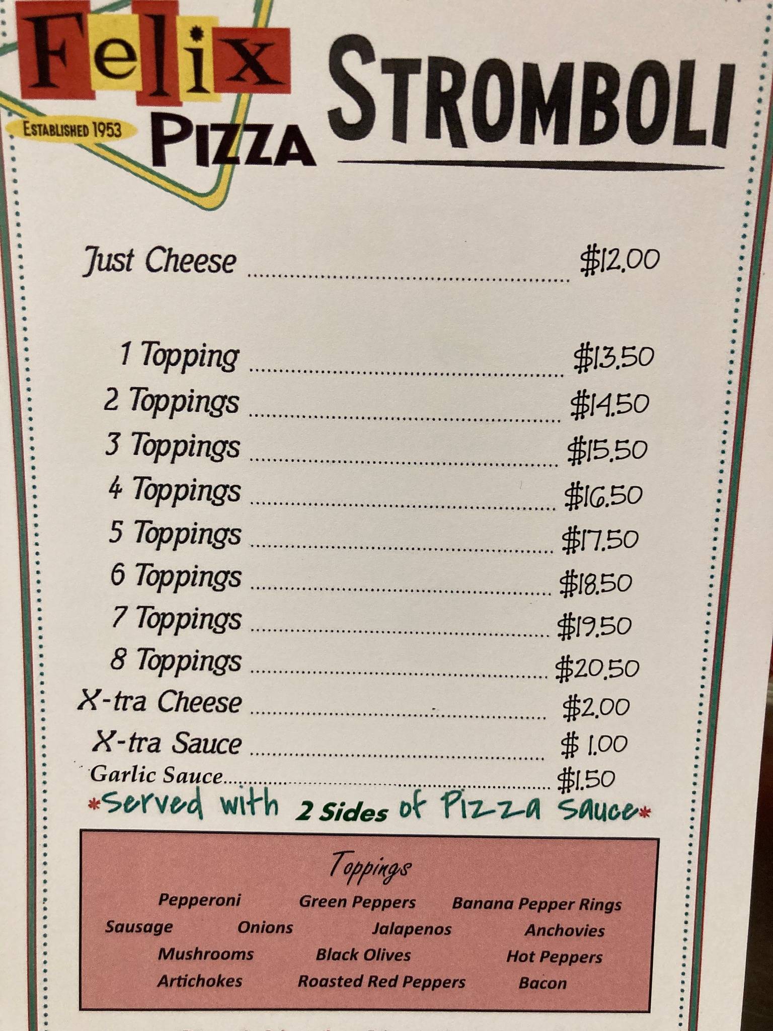 Menu at Felix Pizza pizzeria, Ashtabula