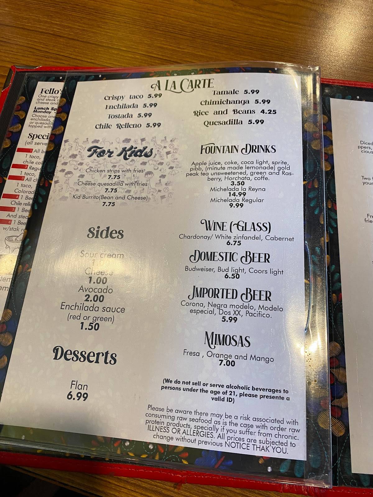 Menu at Fello's Mexican Food restaurant, Manteca