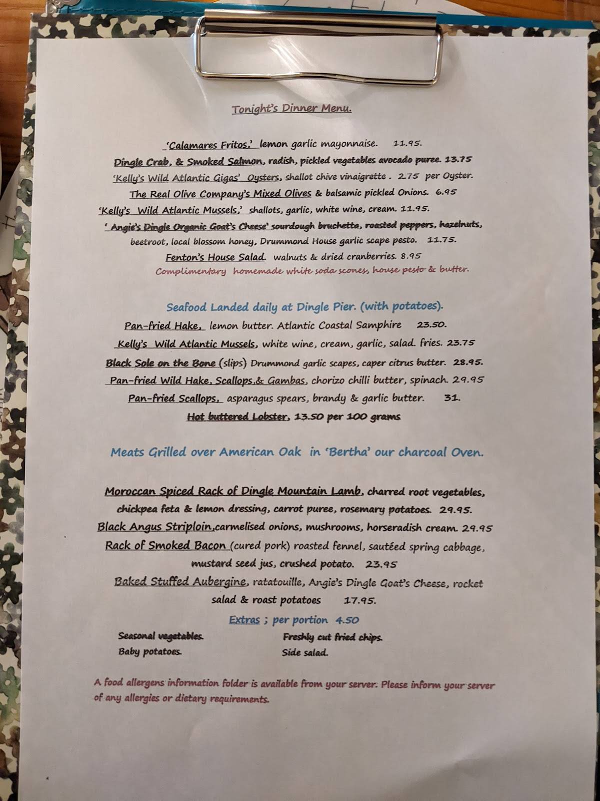 Menu at Fenton's of Dingle restaurant, Dingle