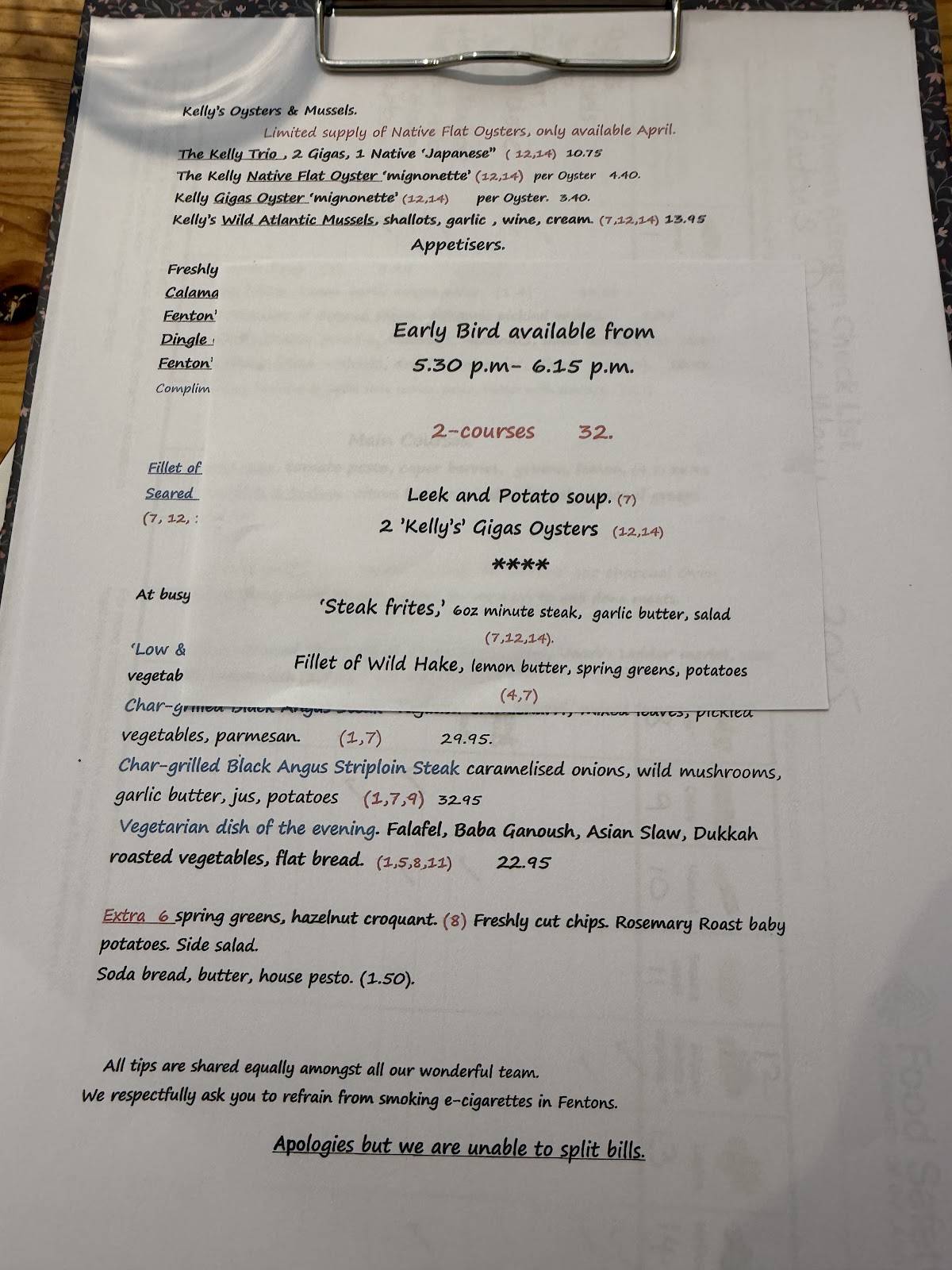 Menu at Fenton's of Dingle restaurant, Dingle