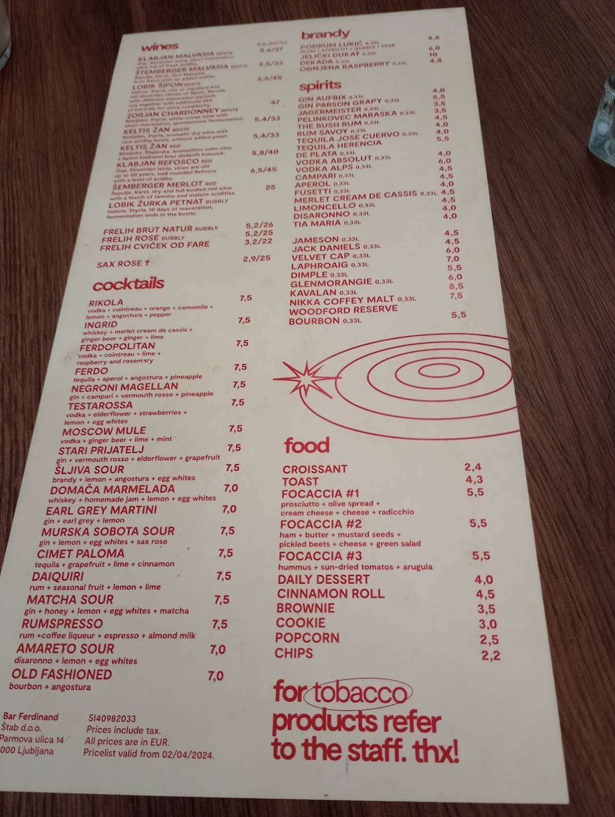 Menu at Ferdinand pub & bar, Ljubljana
