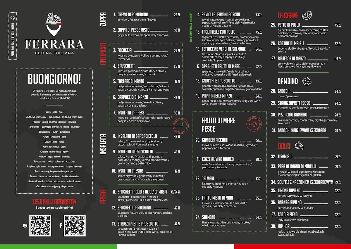 Menu at Ferrara Cucina Italiana restaurant, Gdańsk