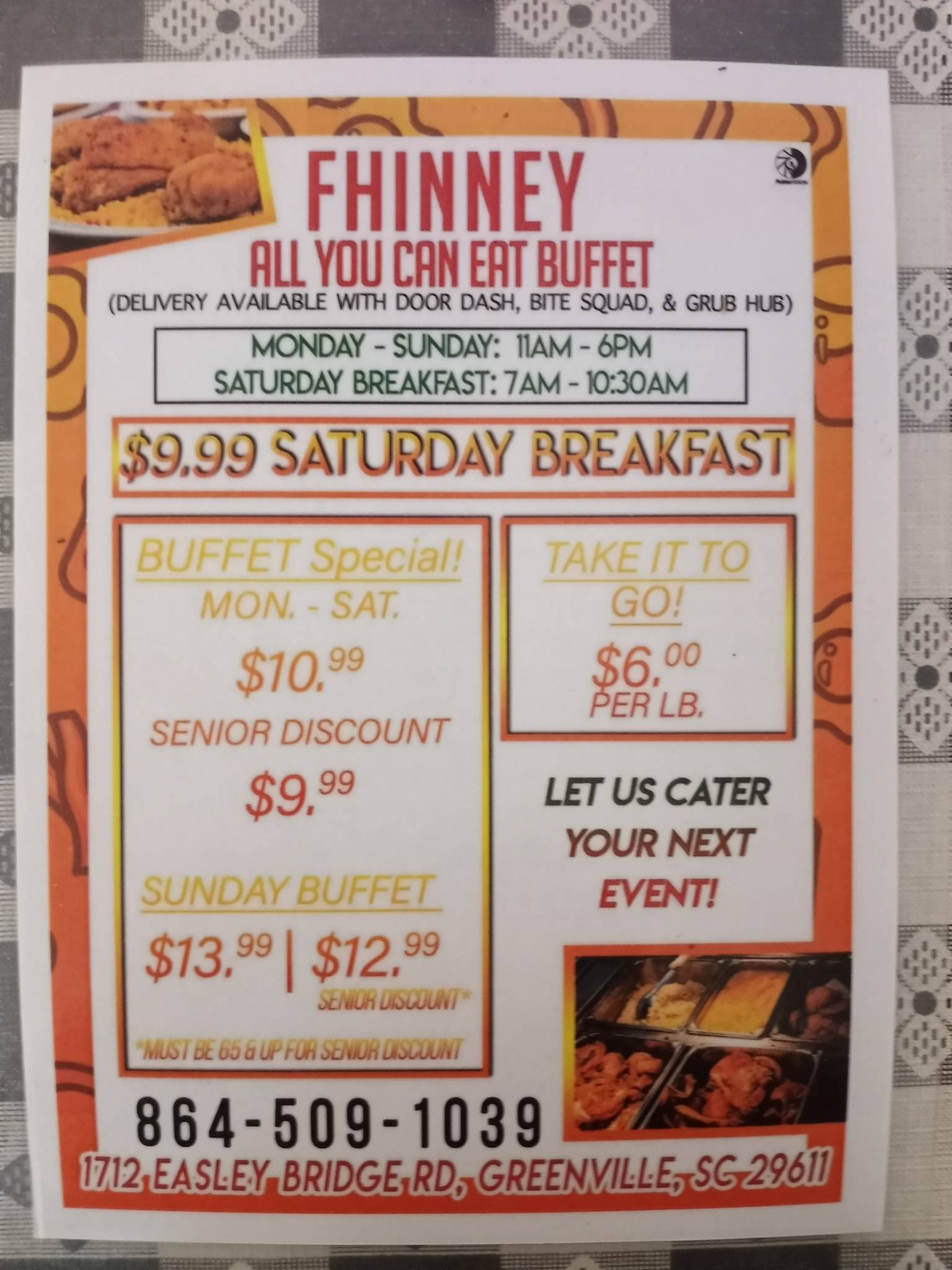 Menu at Fhinney Buffet restaurant, Greenville