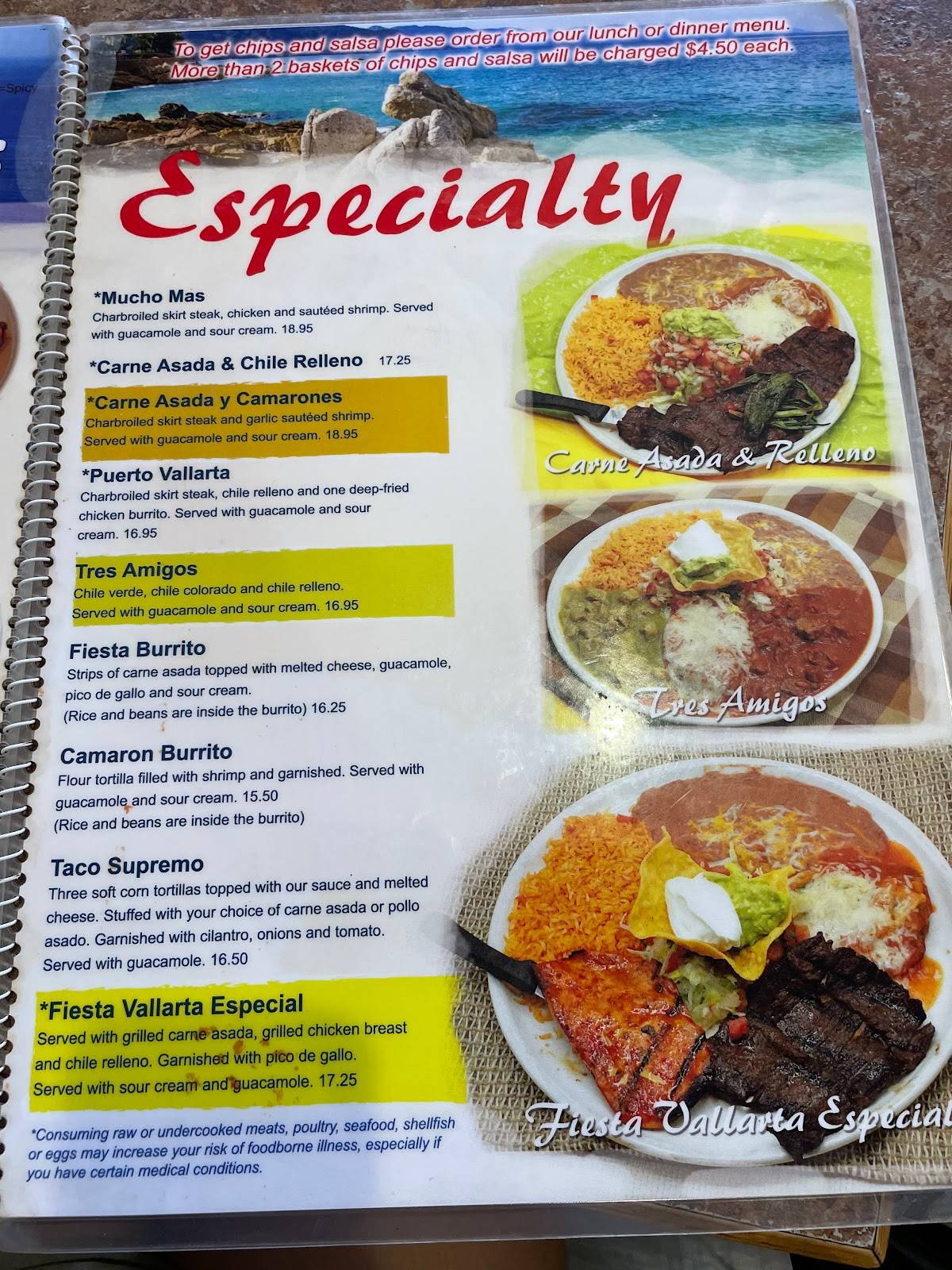 Menu at Fiesta Vallarta restaurant, Delta