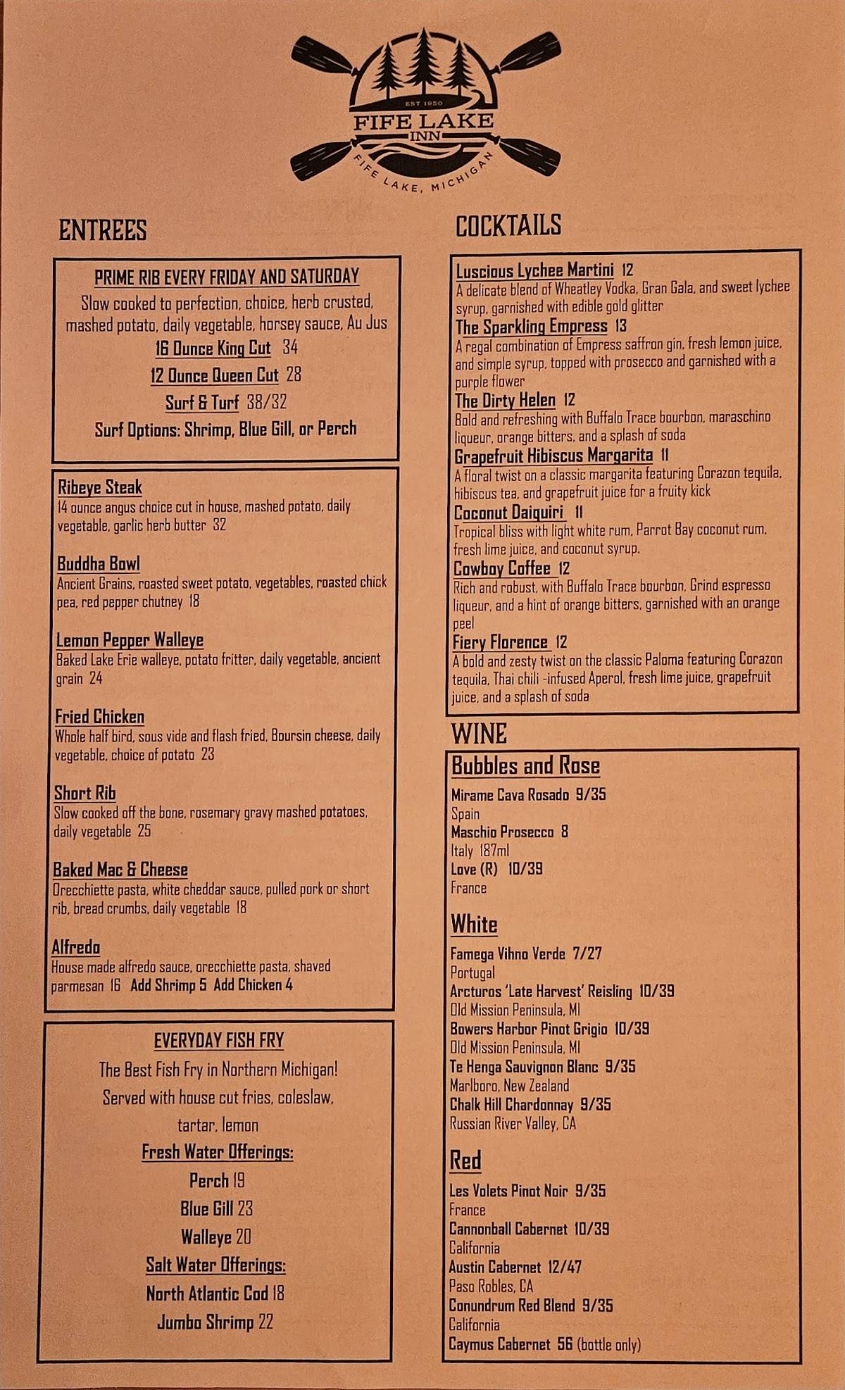 Menu at Fife Lake Inn steakhouse, Fife Lake