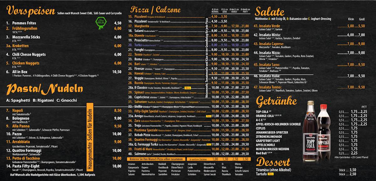 Speisekarte von Fifty-Eight Pizza, Leipheim