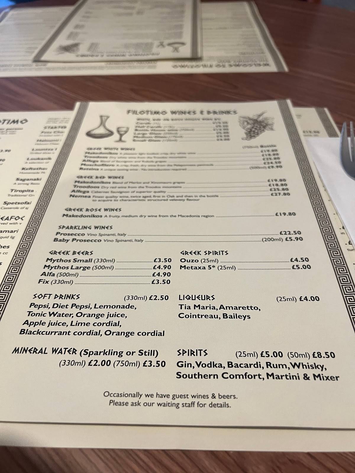 Menu at Filotimo restaurant, Sandbach