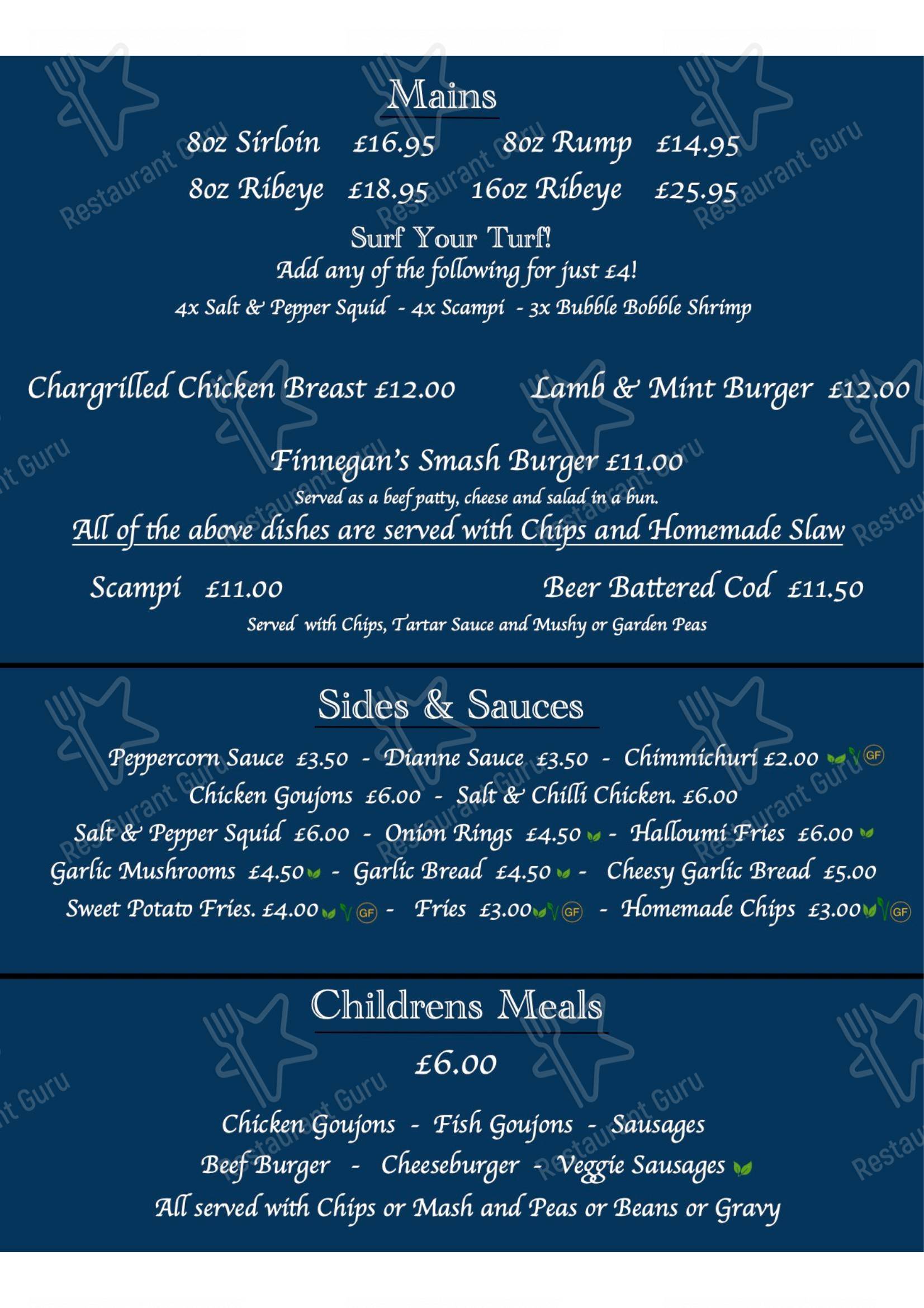 Menu at Finnegans Inn pub & bar, Barry