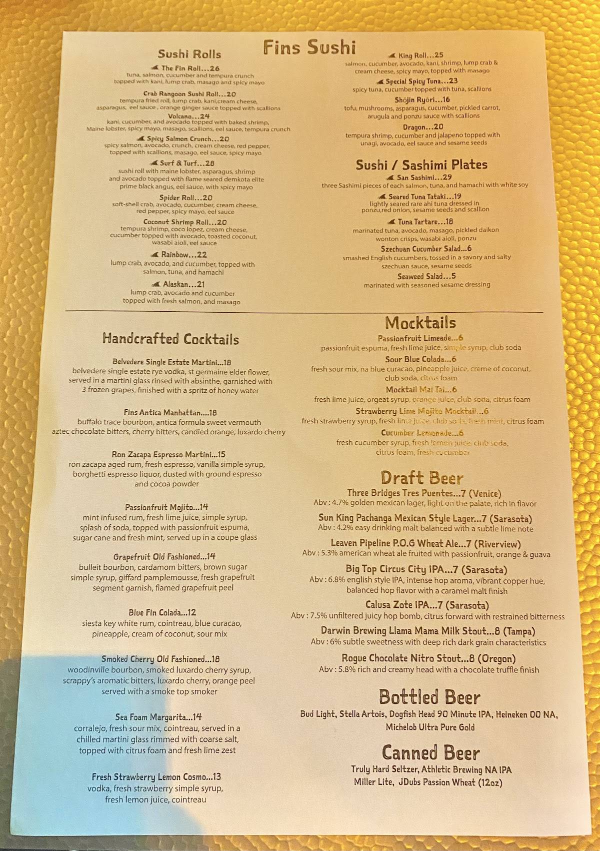 Menu at Fins At Sharky's restaurant, Venice