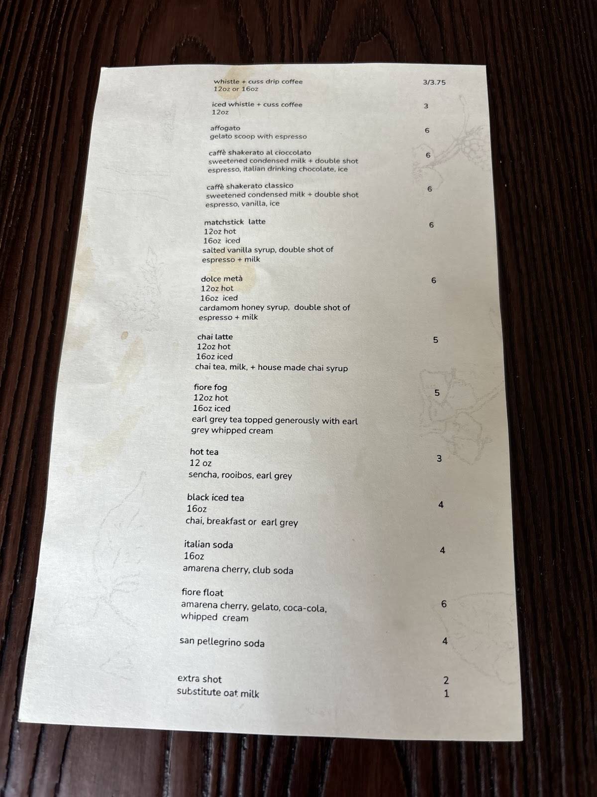 Menu at Fiore restaurant, Philadelphia