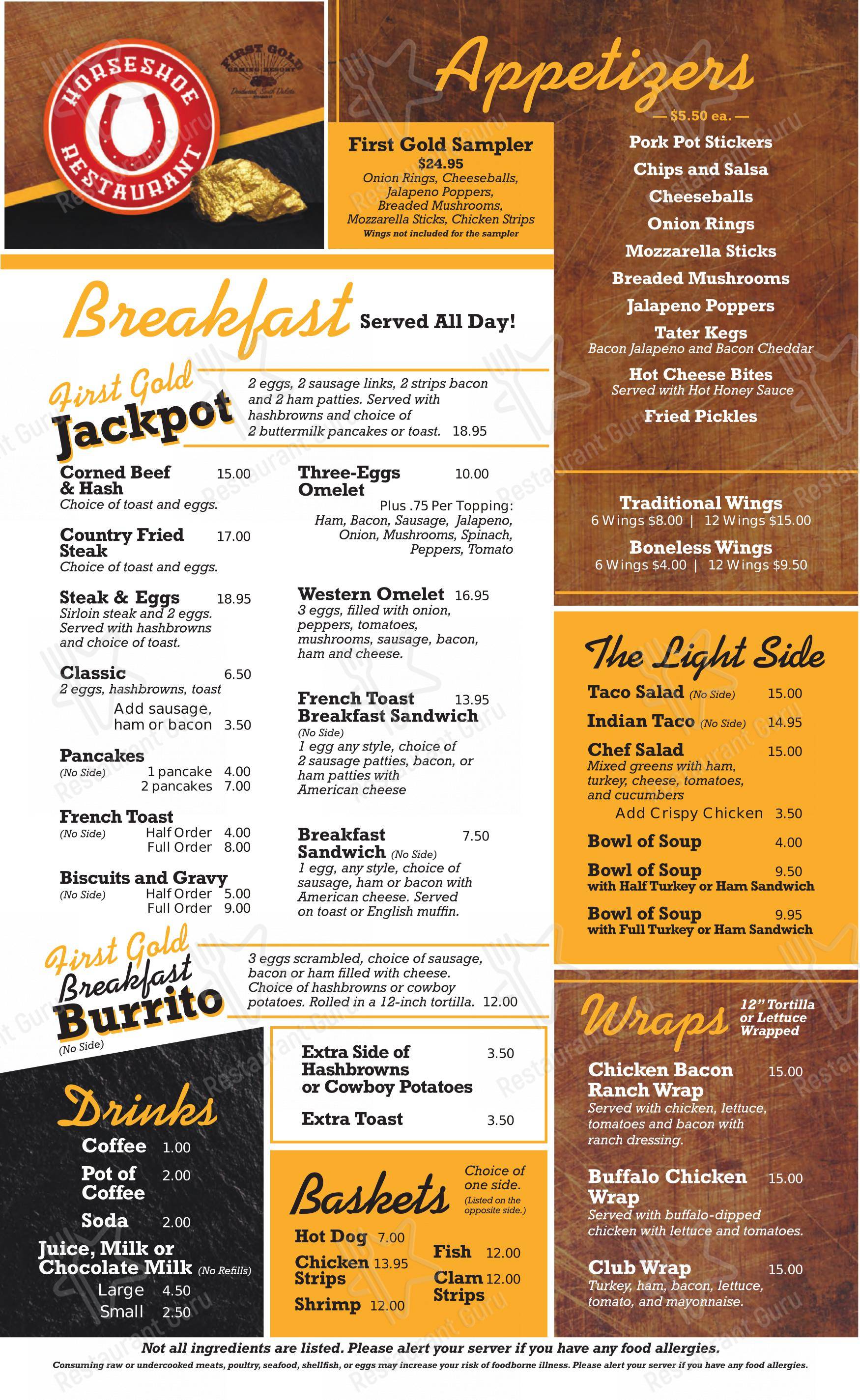 Menu at First Gold Gaming Resort restaurant, Deadwood