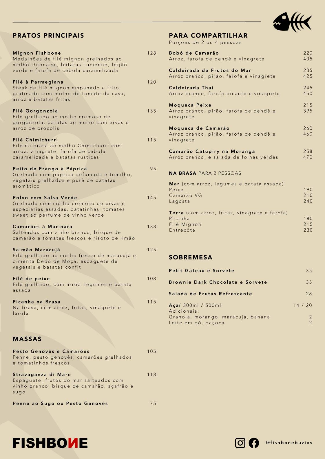 Menu em Fishbone Beach Club, Armação dos Búzios, Rua Gerbert Périssé