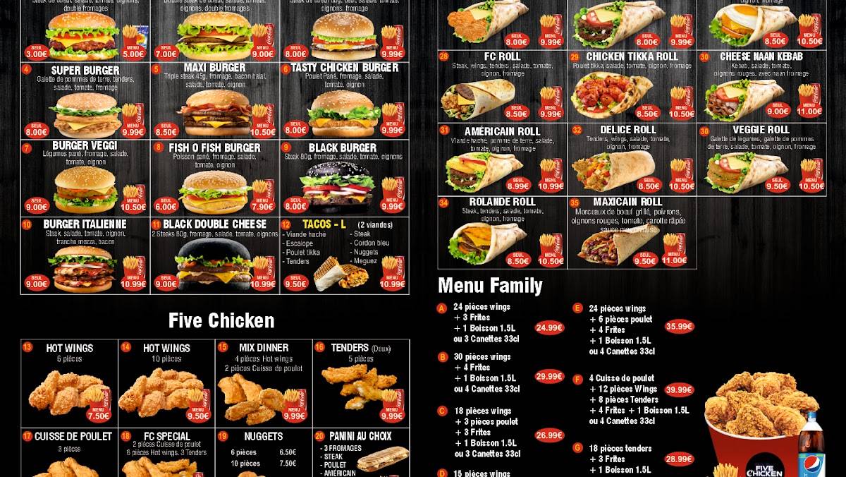 Carta del restaurante Five Chicken, Paris