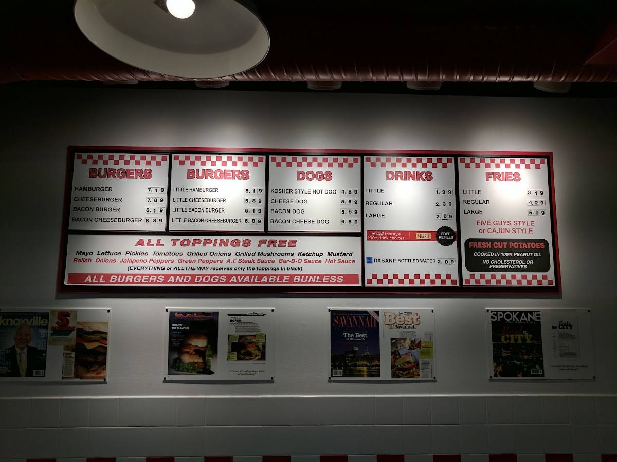 Menu at Five Guys fast food, Tampa, W Kennedy Blvd