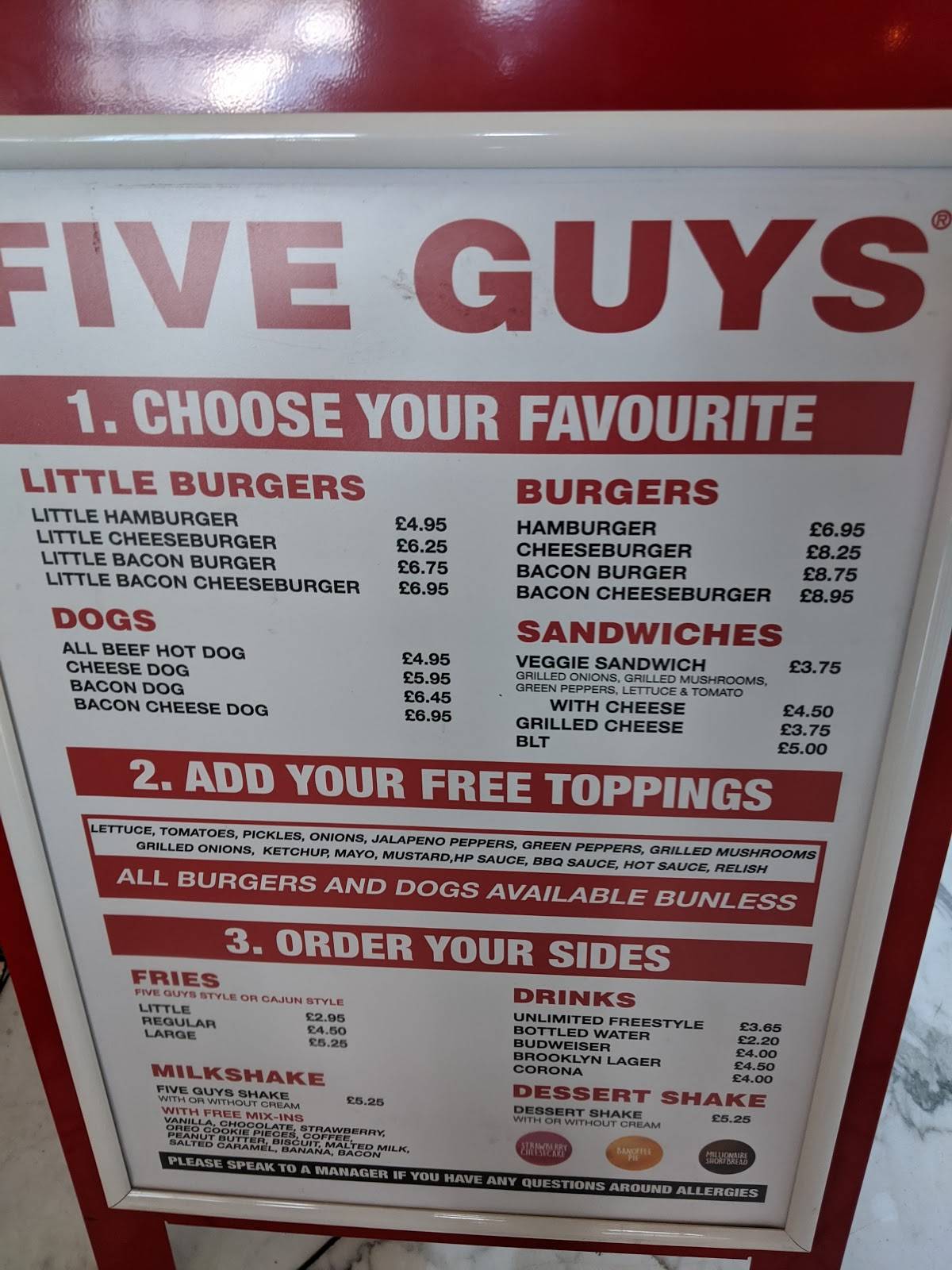 Menu at Five Guys Trafford Centre fast food, Manchester, The Orient