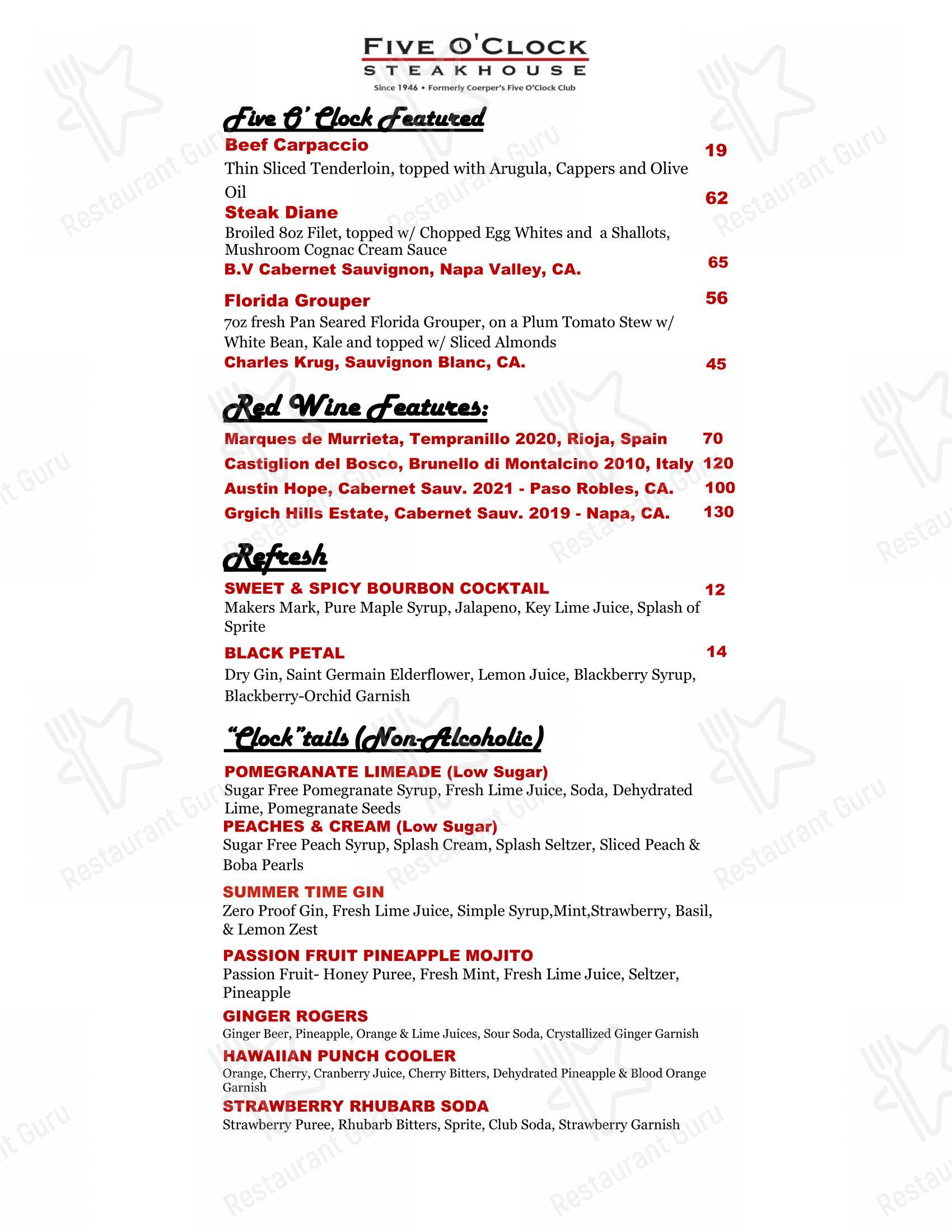 Menu at Five O'Clock Steakhouse, Milwaukee