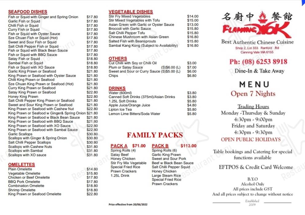 Menu at Flaming Wok Restaurant, Canning Vale, 2/333 Ranford Rd