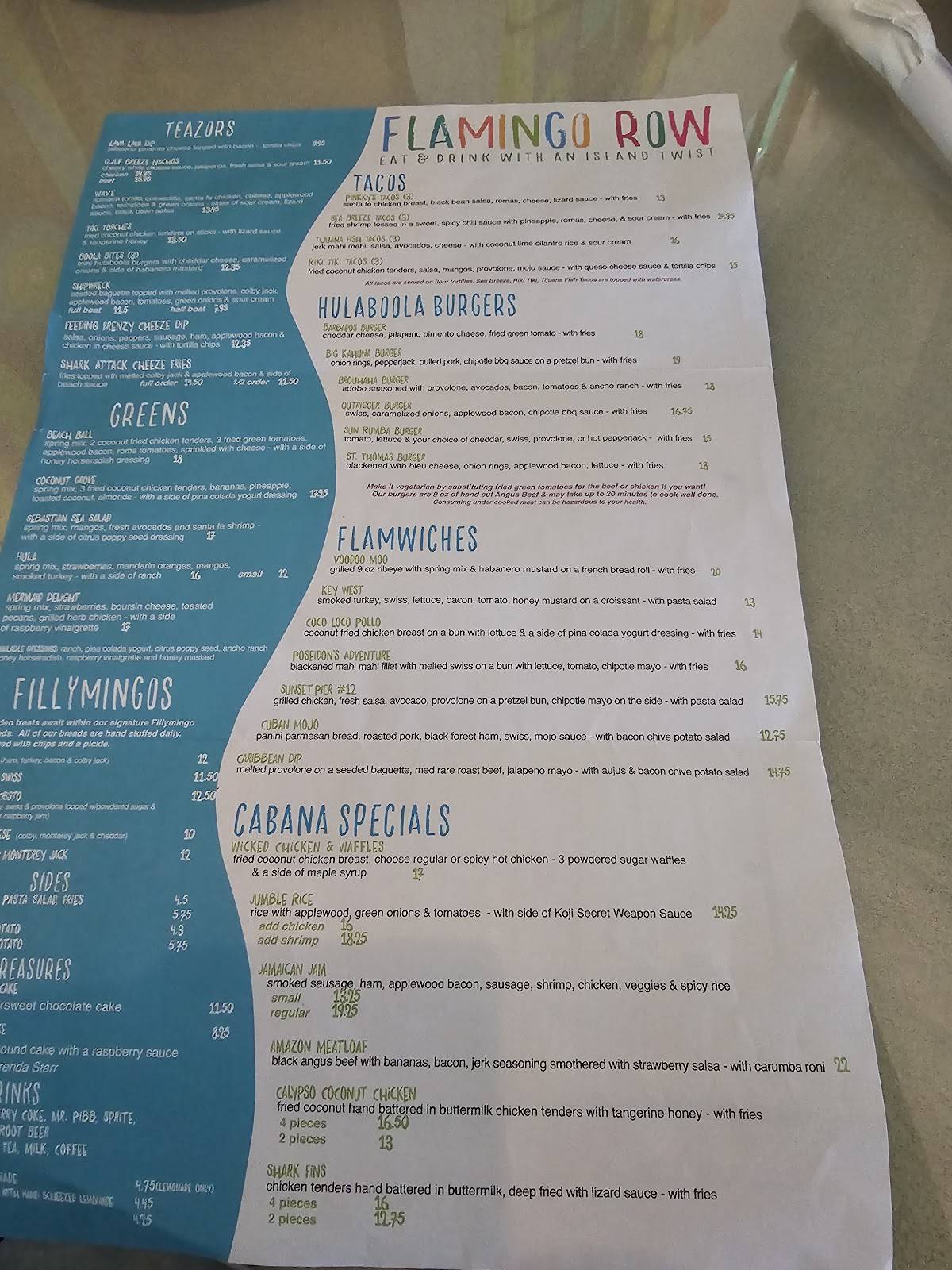 Menu at Flamingo Row restaurant, Paducah