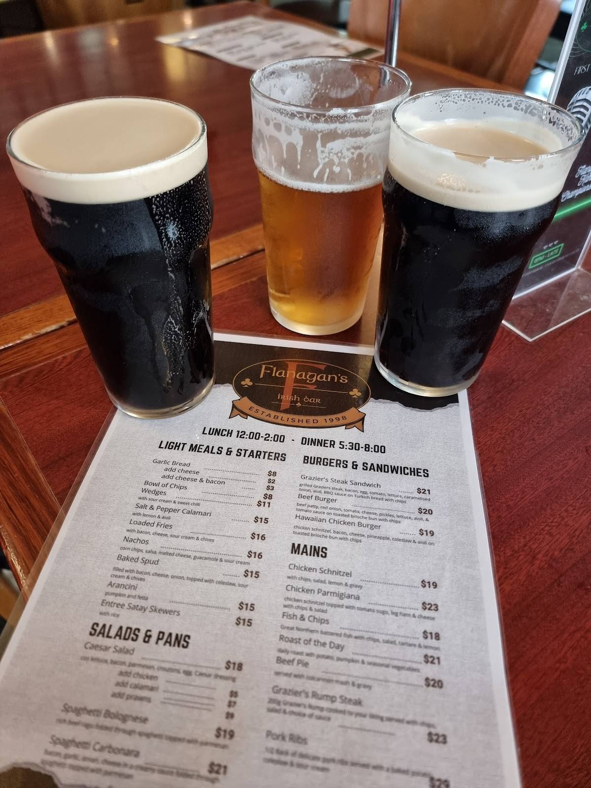 Menu at Flanagan’s Irish Bar, Traralgon