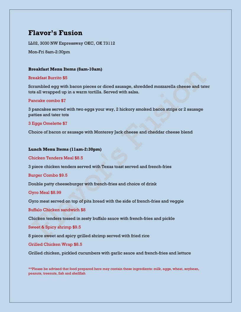 Menu at Flavor's Fusion restaurant, Oklahoma City