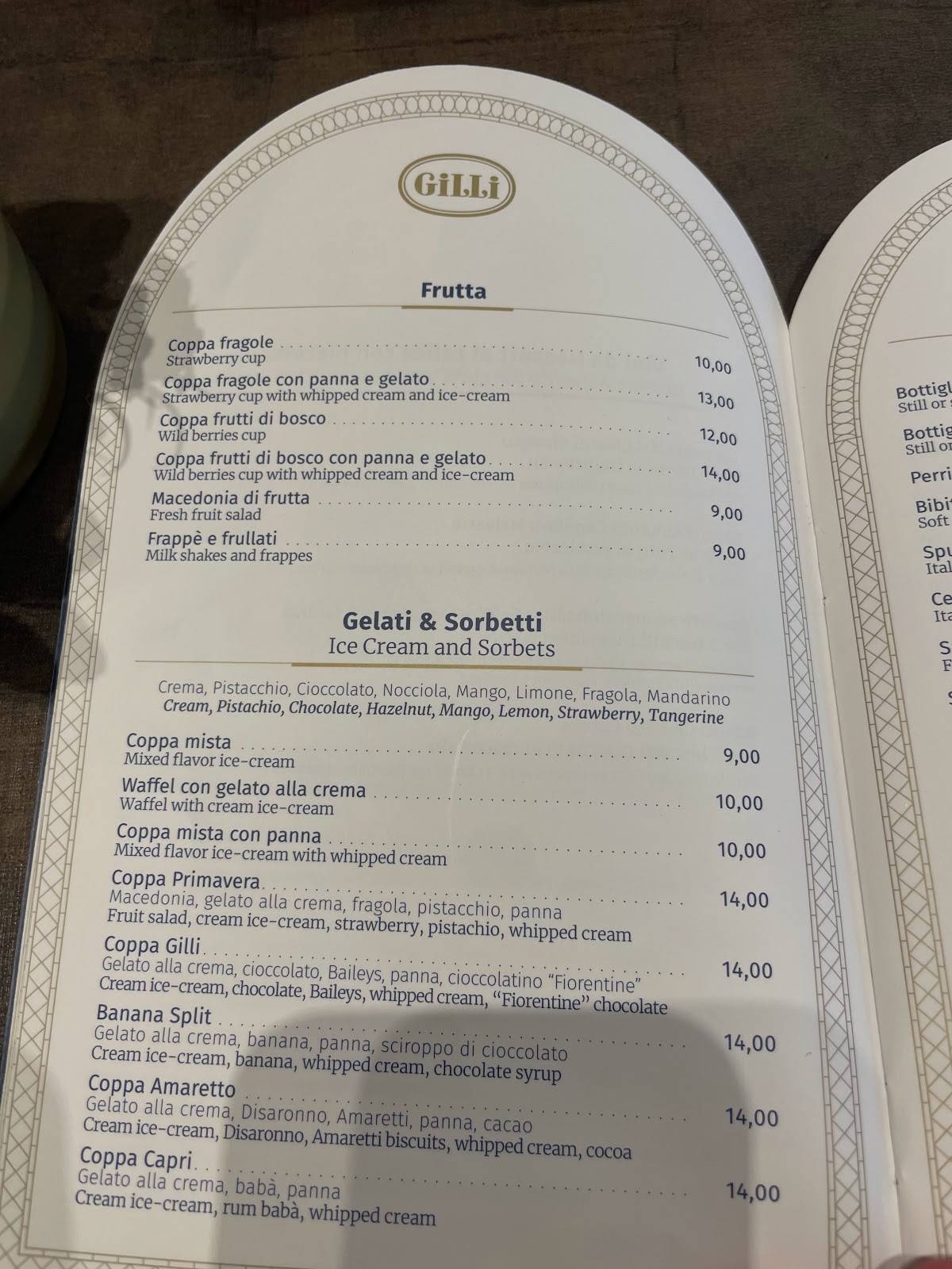 Menu at Caffè Gilli pub & bar, Florence, Via Roma