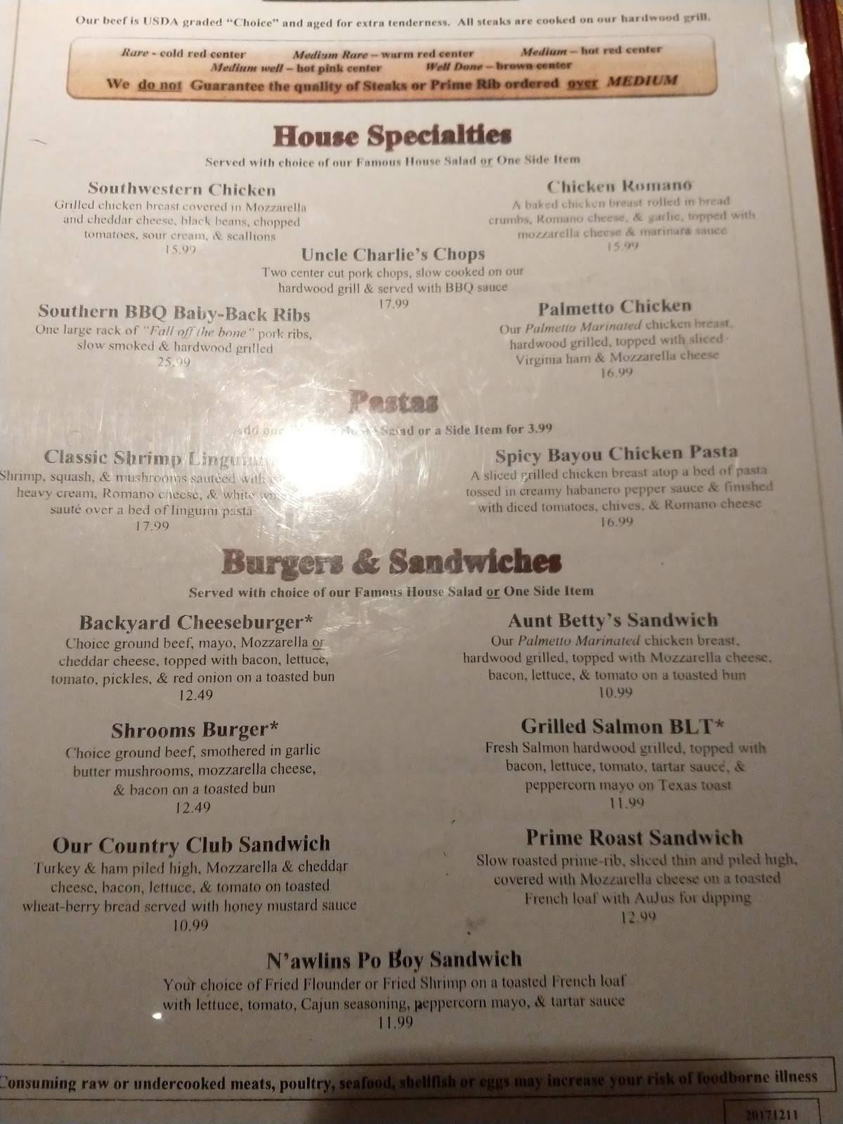 Menu at Percy & Willies restaurant, Florence, 130 Dunbarton Dr