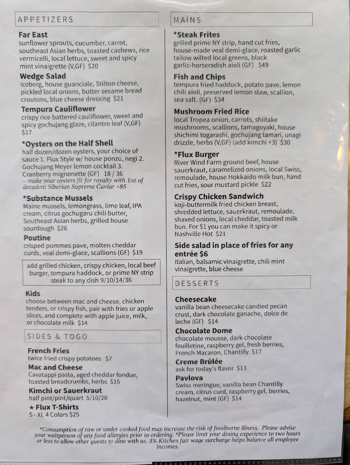 Menu at Flux Restaurant and Bar, Lisbon