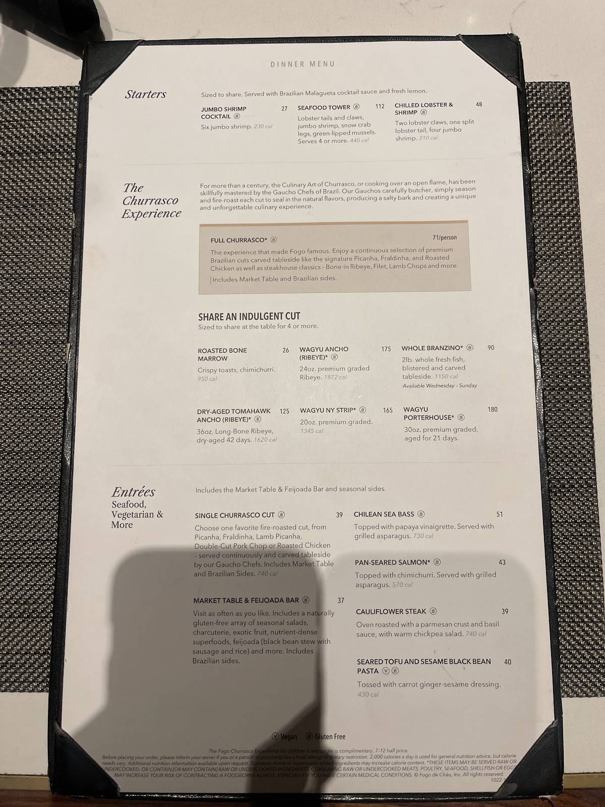 Menu at Fogo de Chão Brazilian Steakhouse, Wayne
