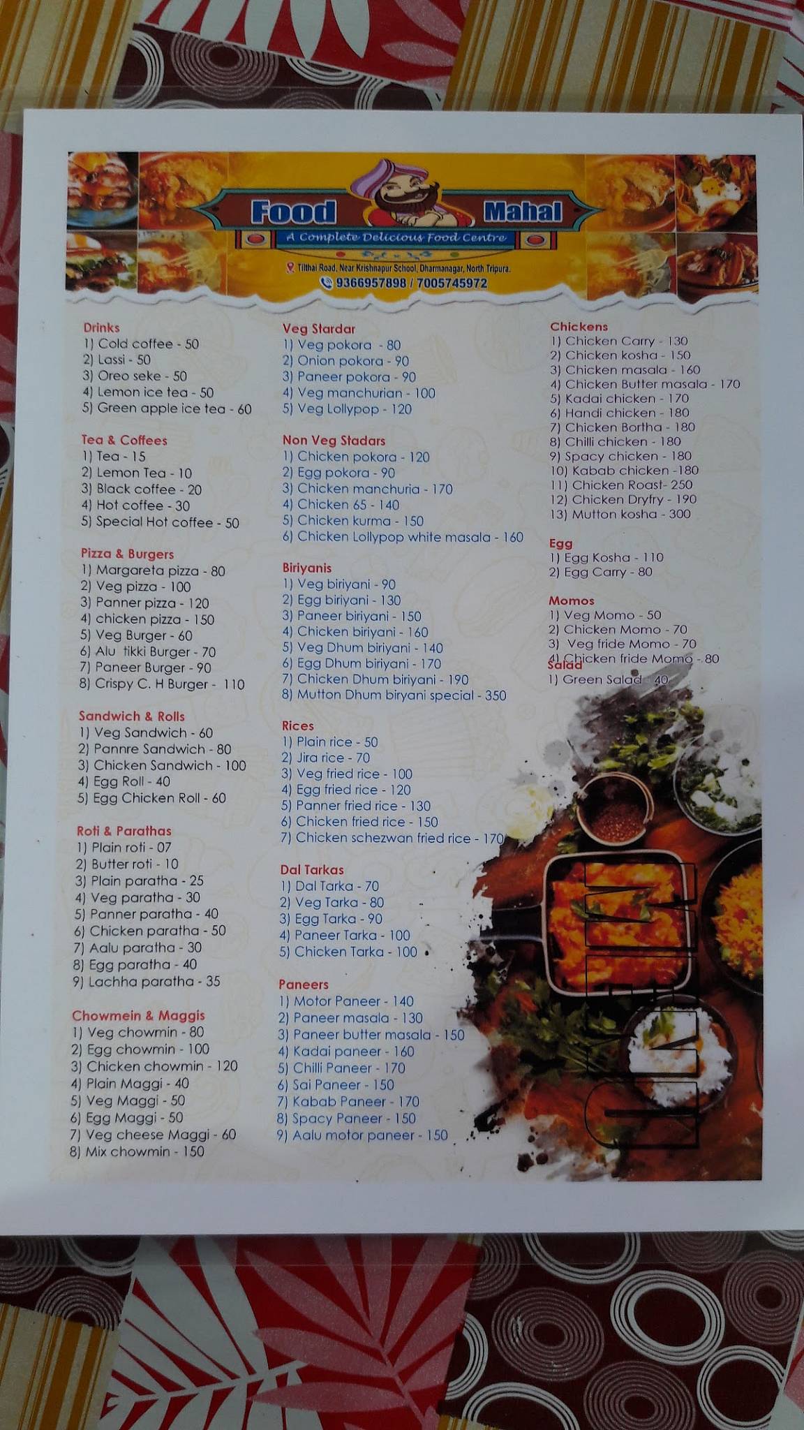 Menu at Food Mahal, India, 85W5+R79