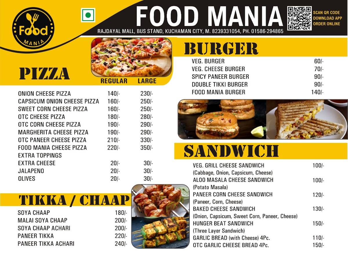 Menu at Food Mania, Kuchaman City, Kuchaman City