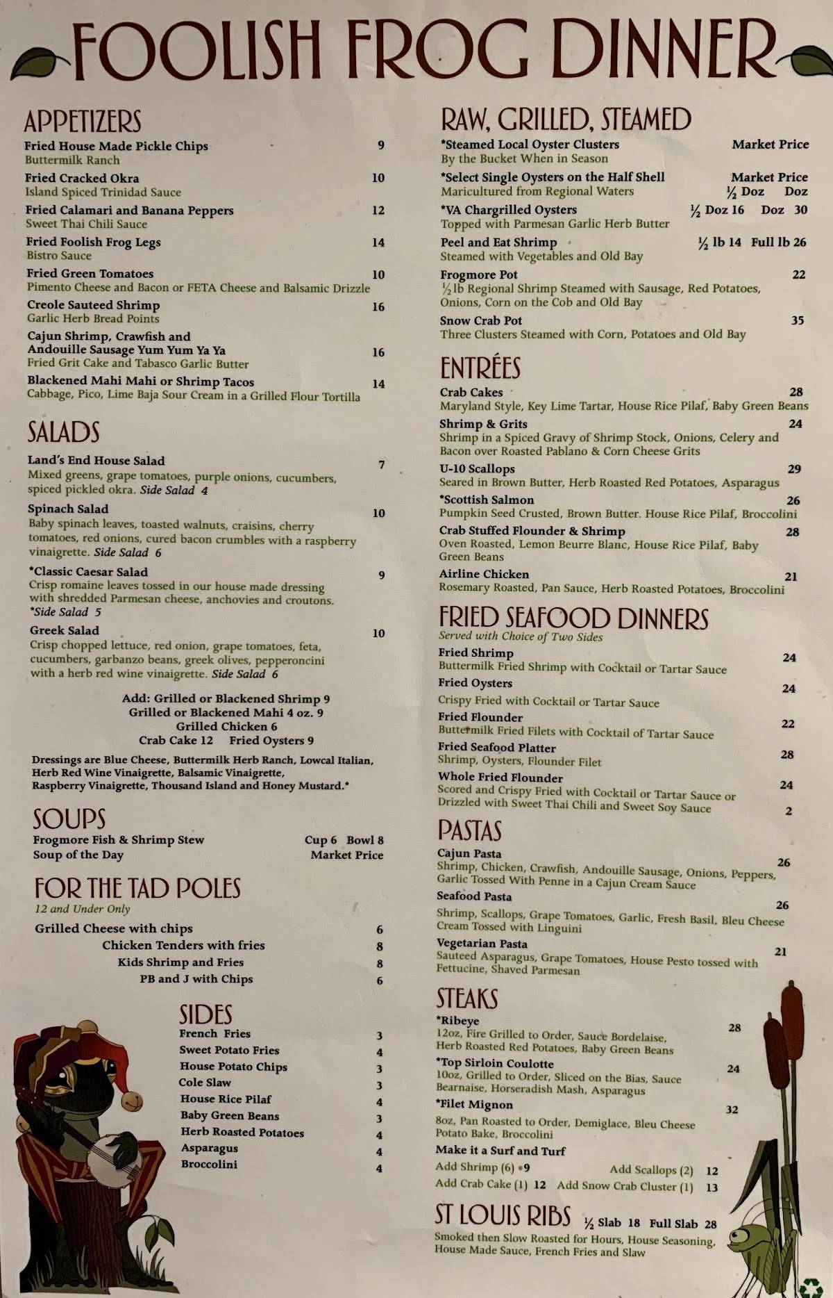 Menu at Foolish Frog restaurant, Saint Helena Island