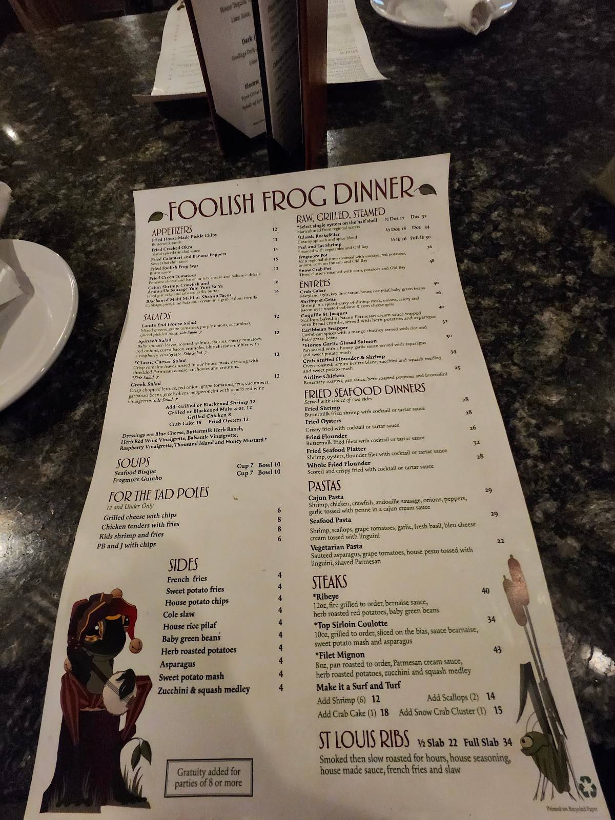 Menu at Foolish Frog restaurant, Saint Helena Island