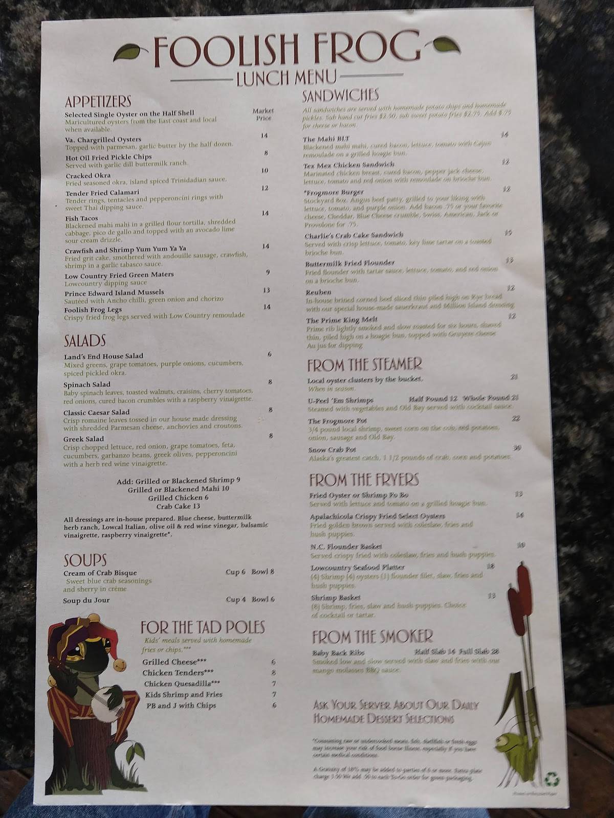 Menu at Foolish Frog restaurant, Saint Helena Island