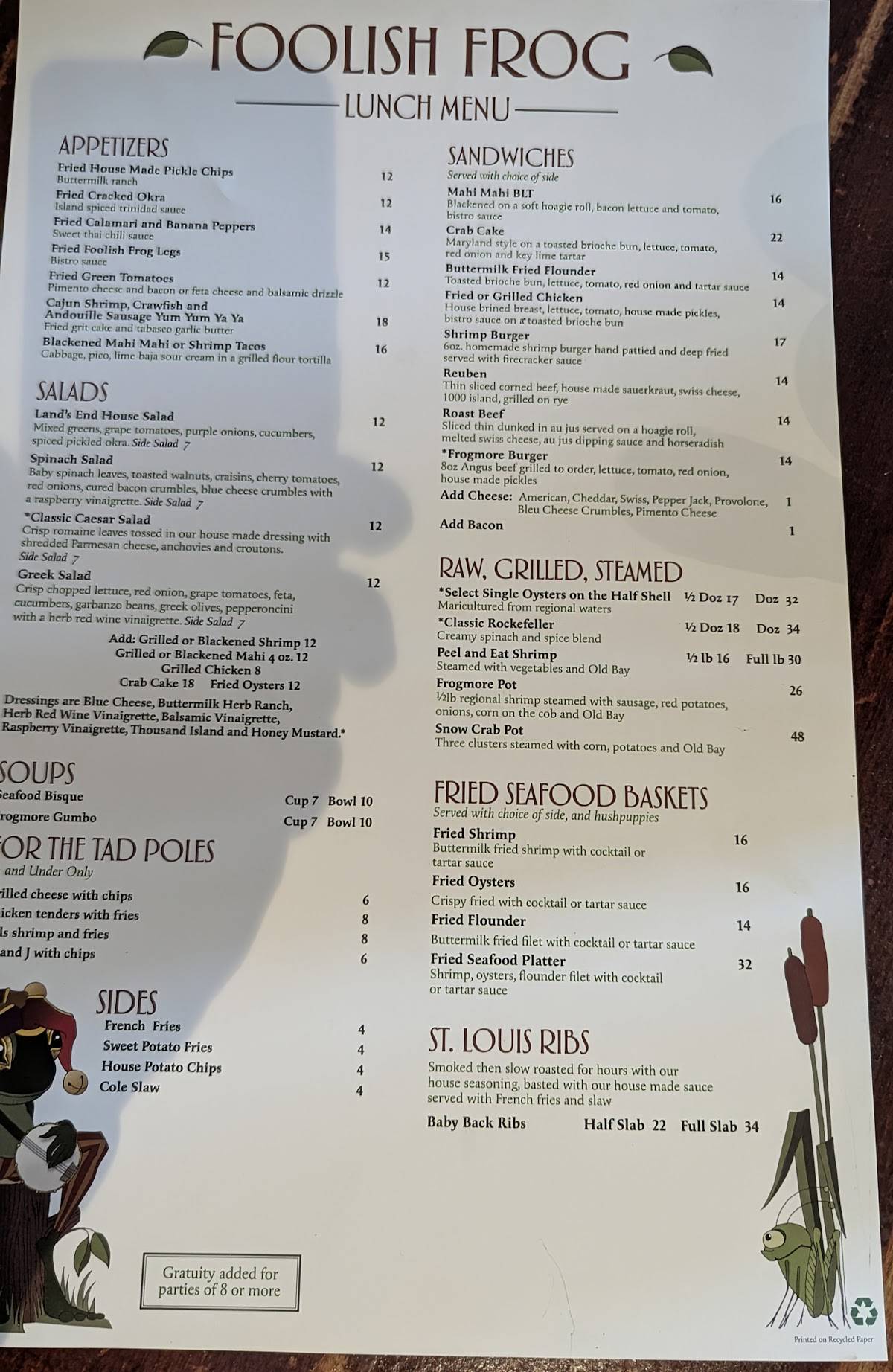 Menu at Foolish Frog restaurant, Saint Helena Island