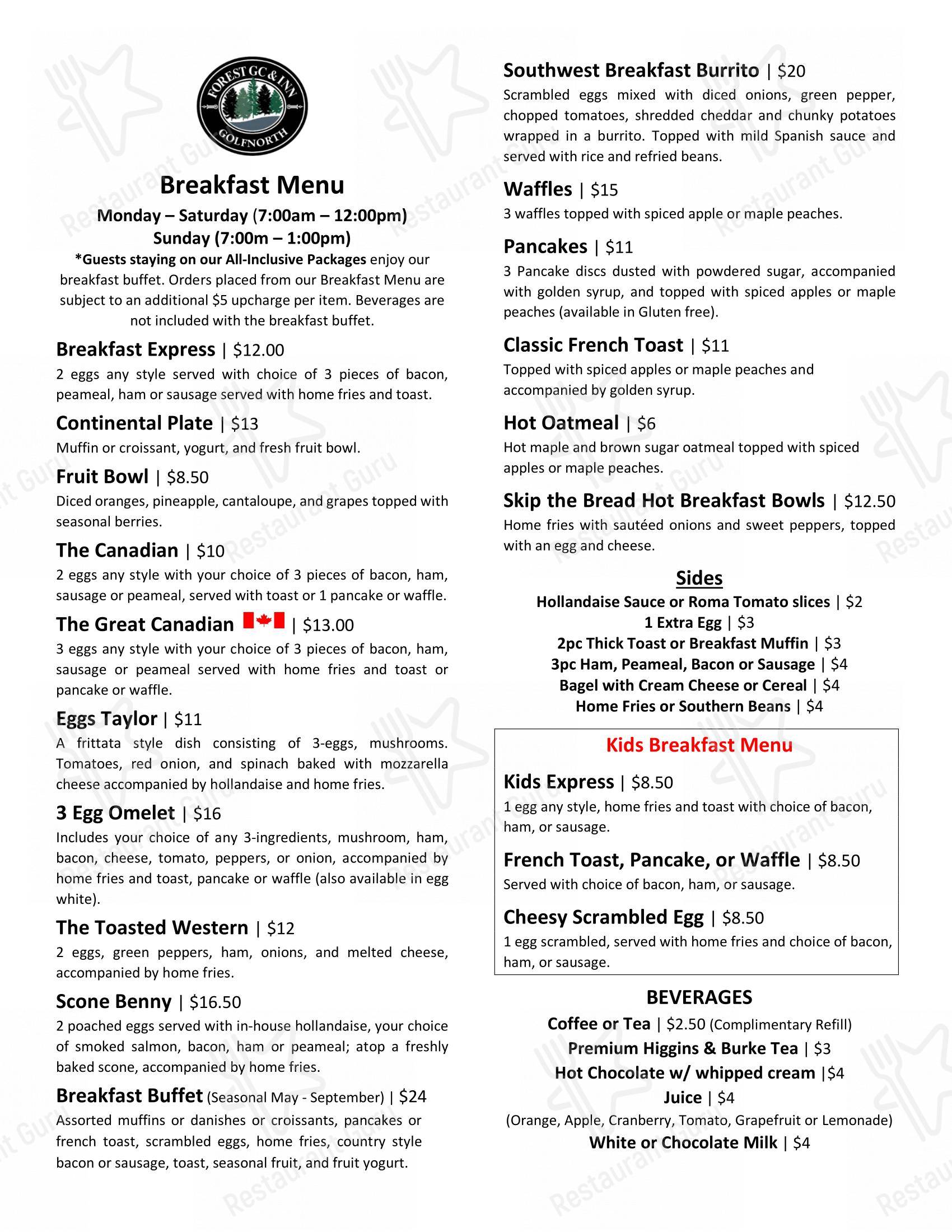 Menu at Forest Golf Club & Inn, Lambton Shores