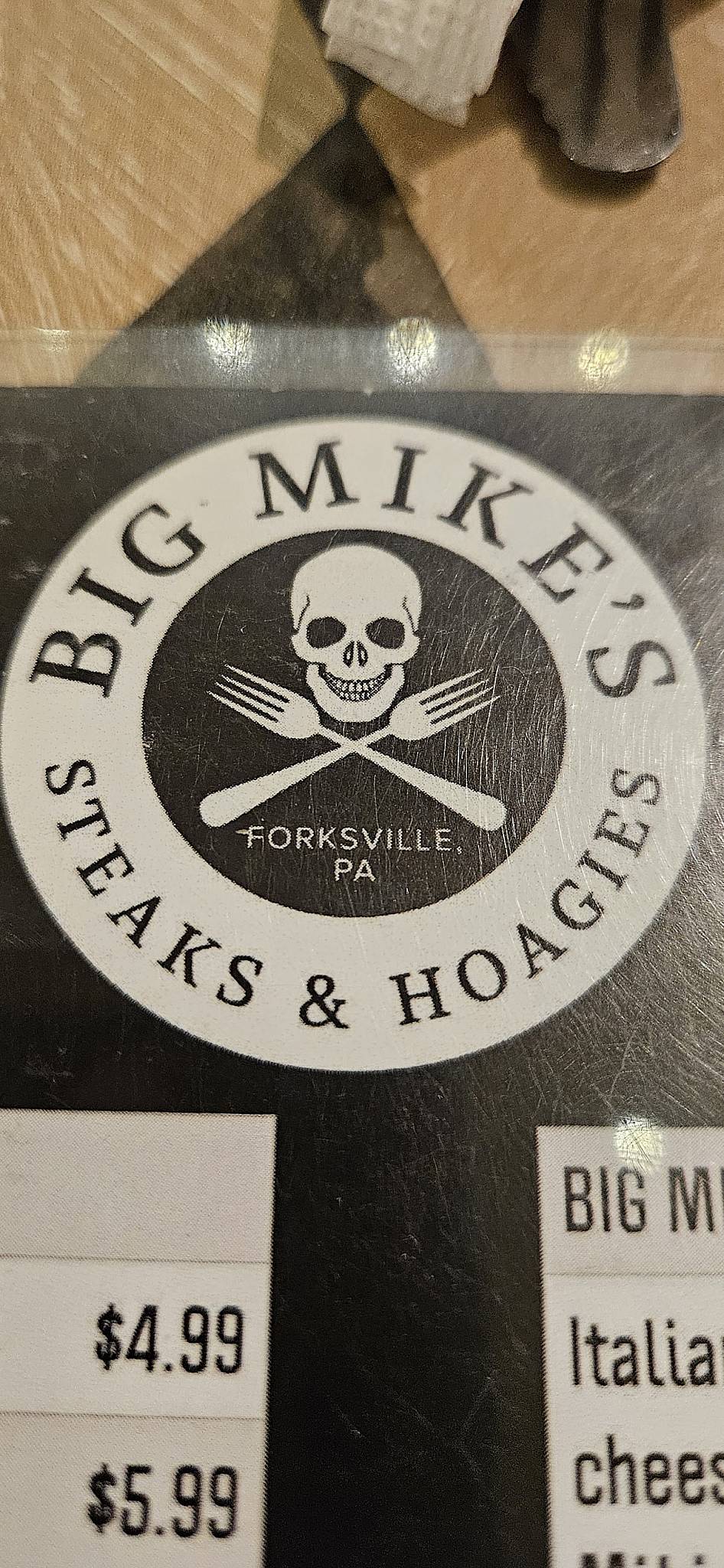 Menu at Forksville’s Big Mike’s Steaks & Hoagies steakhouse, Forksville