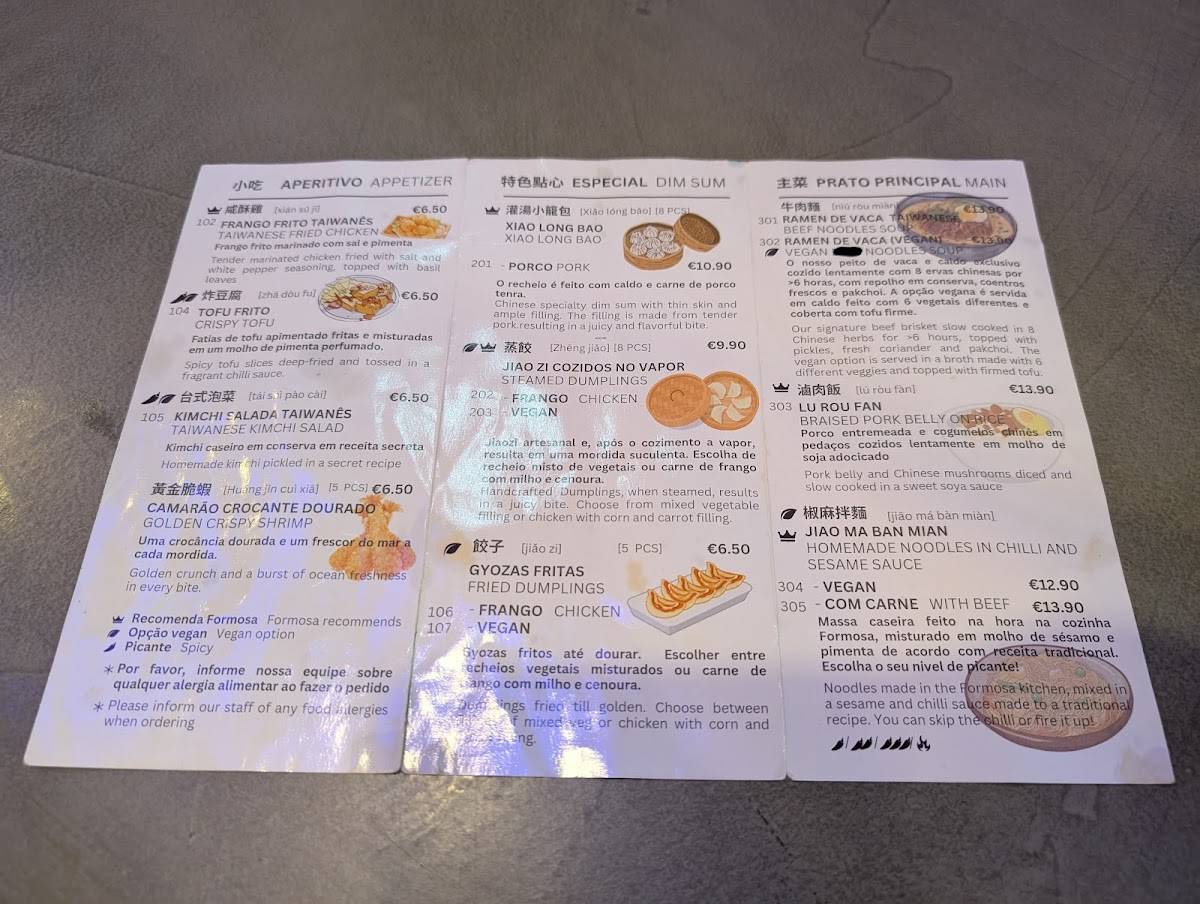 Menu em Formosa Lisboa restaurante, Lisboa