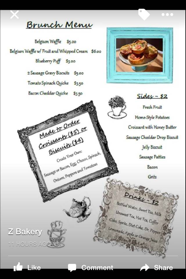 Menu at Z Bakery and Cafe, Fort Mill
