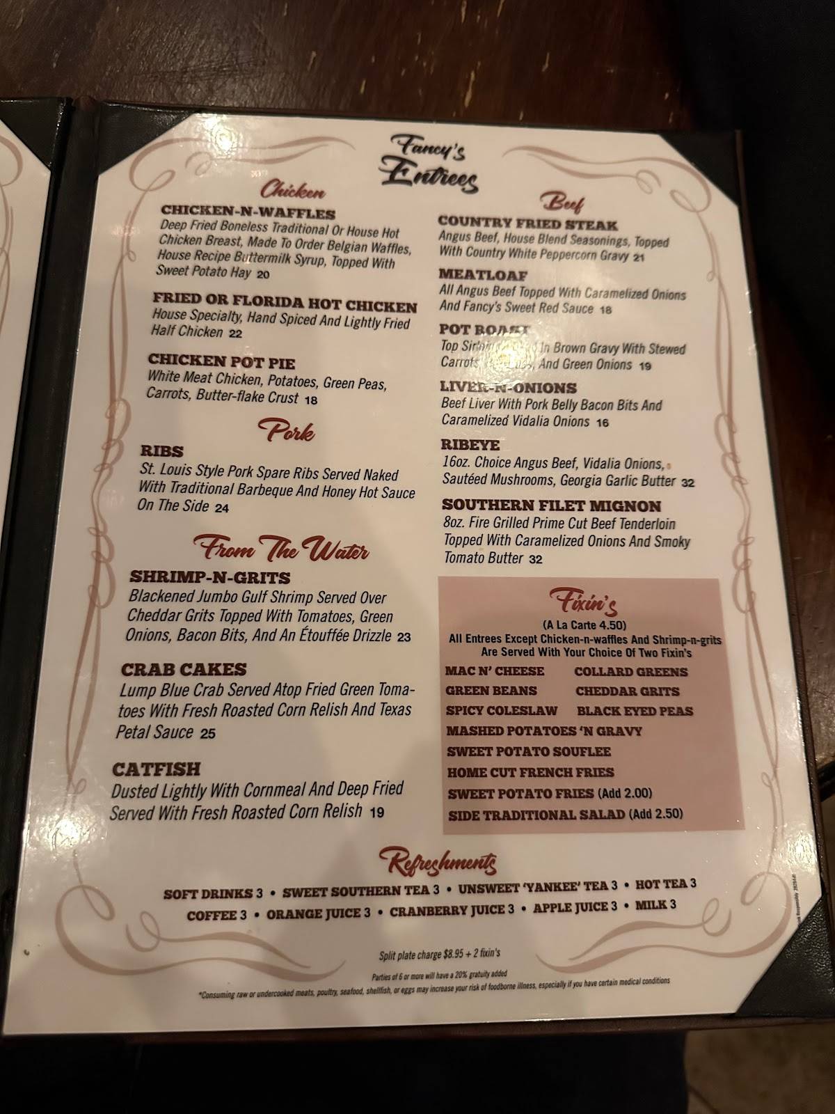 Menu at Fancy's Southern Cafe, Fort Myers